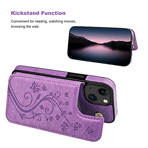 Vaburs Compatible with iPhone 13 Mini Case Wallet with Card Holder, Embossed Butterfly Pattern PU Leather Double Buttons Flip Shockproof Protective Cover for Magnetic Car Mount 5.4 Inch (Purple)