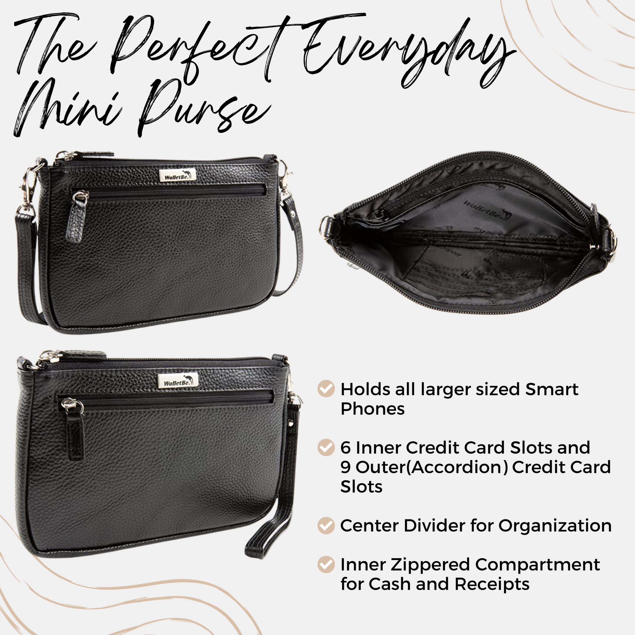 WalletBe Women's Mini Purse Leather Crossbody RFID Blocking Pebbled Black