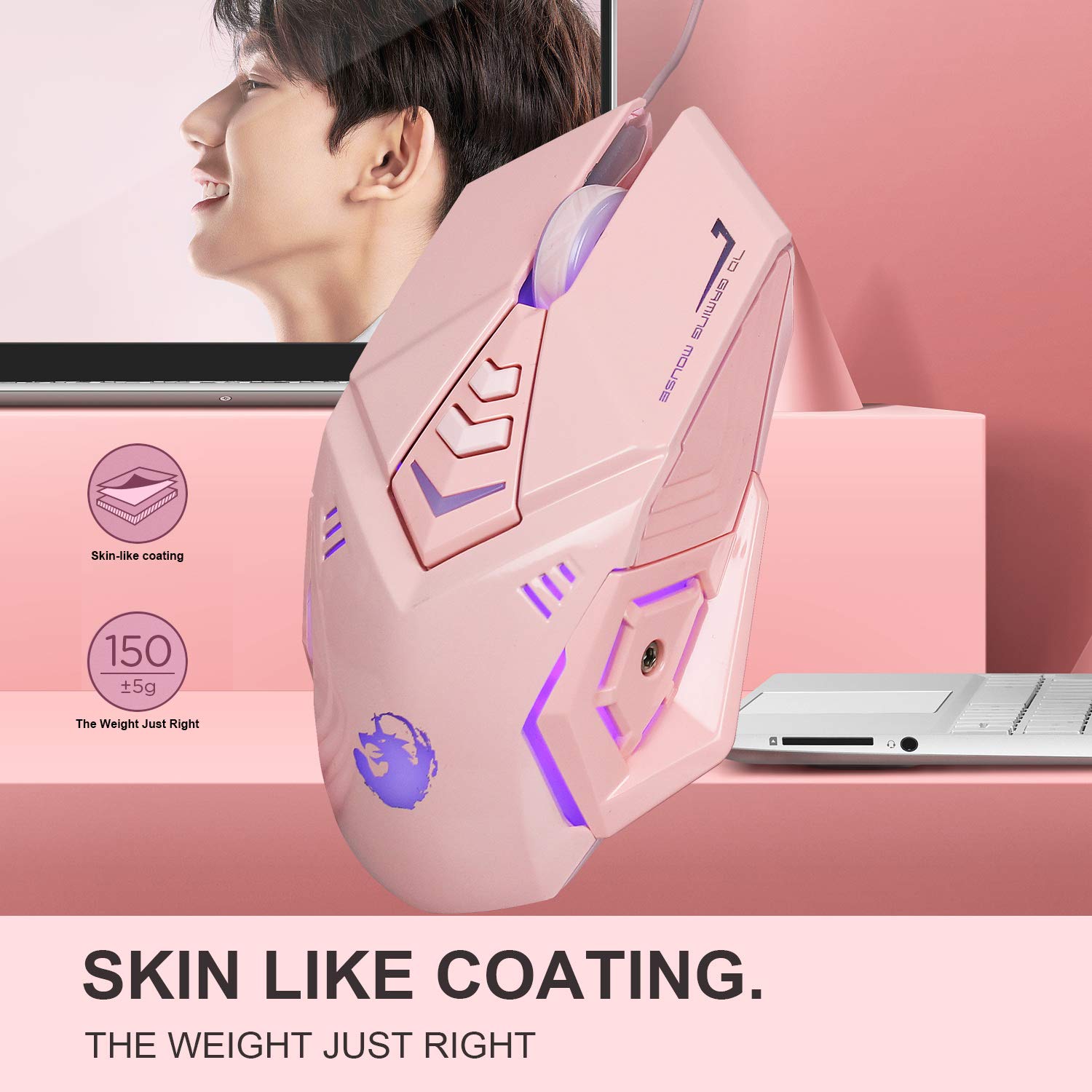 DGG Pink 4-in-1 Gaming Keyboard Mouse Headset Combo, White Led Backlit 104 Keys Ergonomic Gamer Keyboard+4800DPI Adjust Optical Game Mouse+3.5mm Gaming Stereo Headset