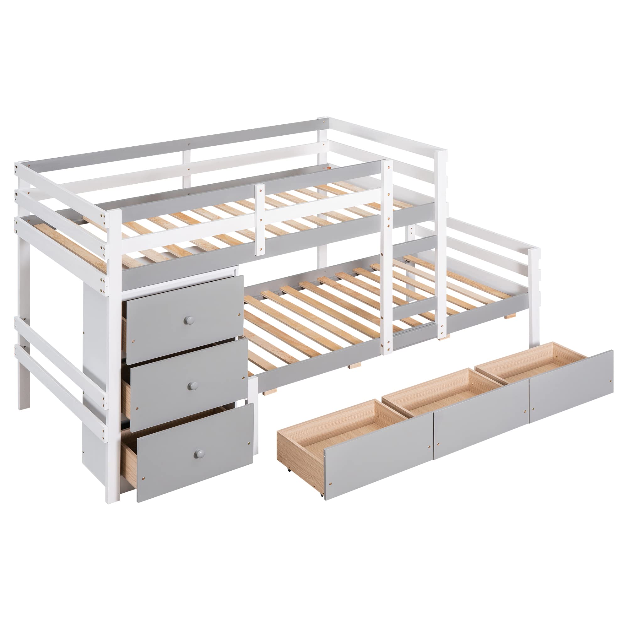 Harper & Bright Designs Low Bunk Bed with Storage Drawers and Ladder, Solid Wood Twin Over Twin Bunk Bed Frame for Kids Teens Girls Boys - Natural