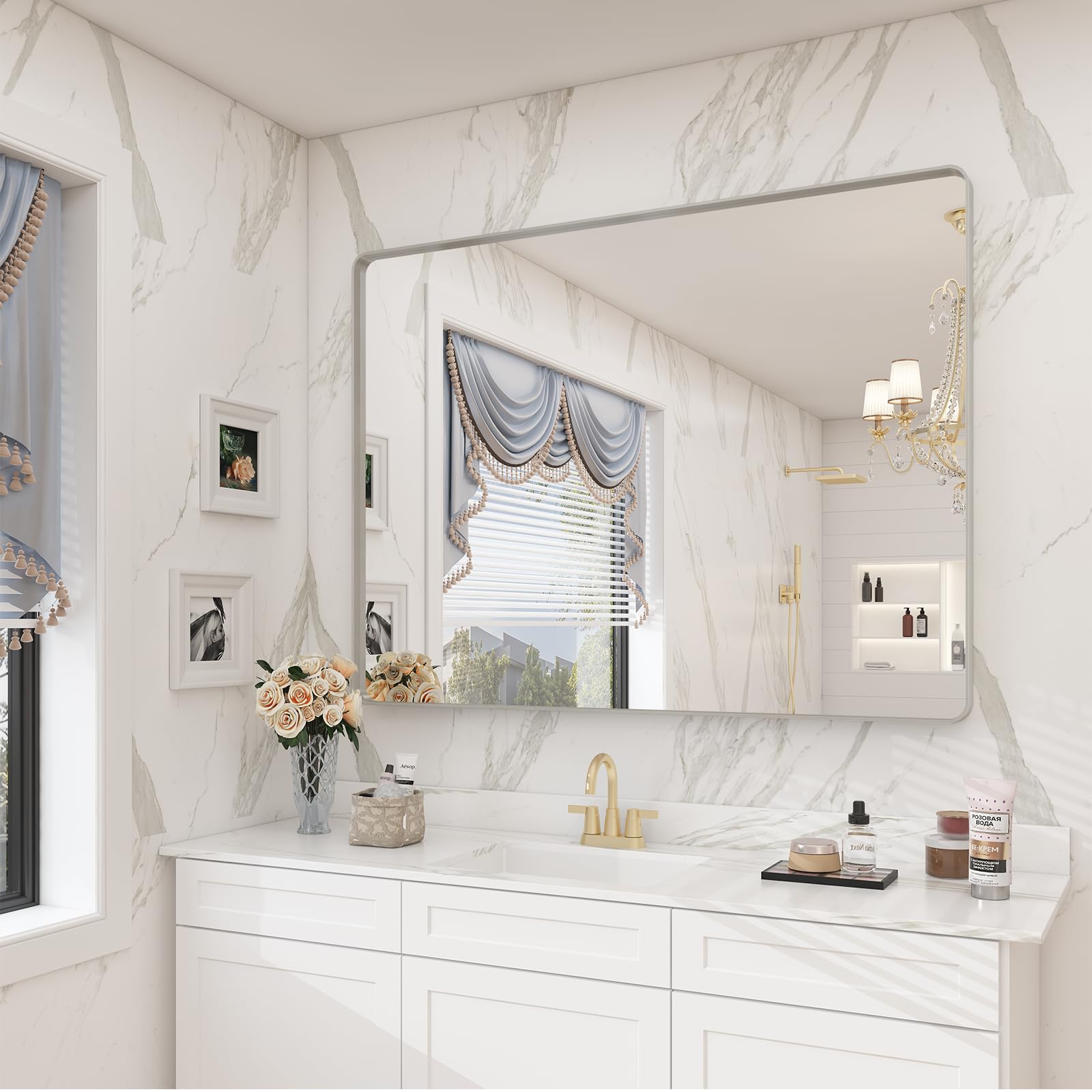 CHARMOR 40x30 Silver Brushed Bathroom Mirror for Wall, Brushed Metal Framed Bathroom Vanity Mirror, Modern Rectangle Mirror, Rounded Corners, Shatterproof (Horizontal/Vertical)