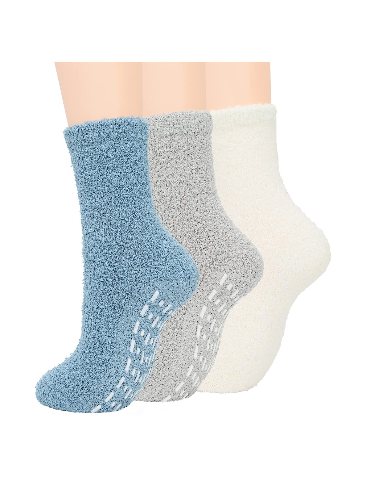 Century Star Anti Slip Athletic Plush Slipper Grip Soft Socks Women Yoga Pilates Soft Warm Cozy Socks For Christmas B 3 Pairs Blue/Gray/White One Size