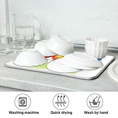Watercolour Parrot Bird Tree Dish Drying Mat 24"x18" Absorbent Machine Washable Hanging Fast Dry Pad Dish Protective Mat for Kitchen Countertop Heat Resistant Dinner Table Mat