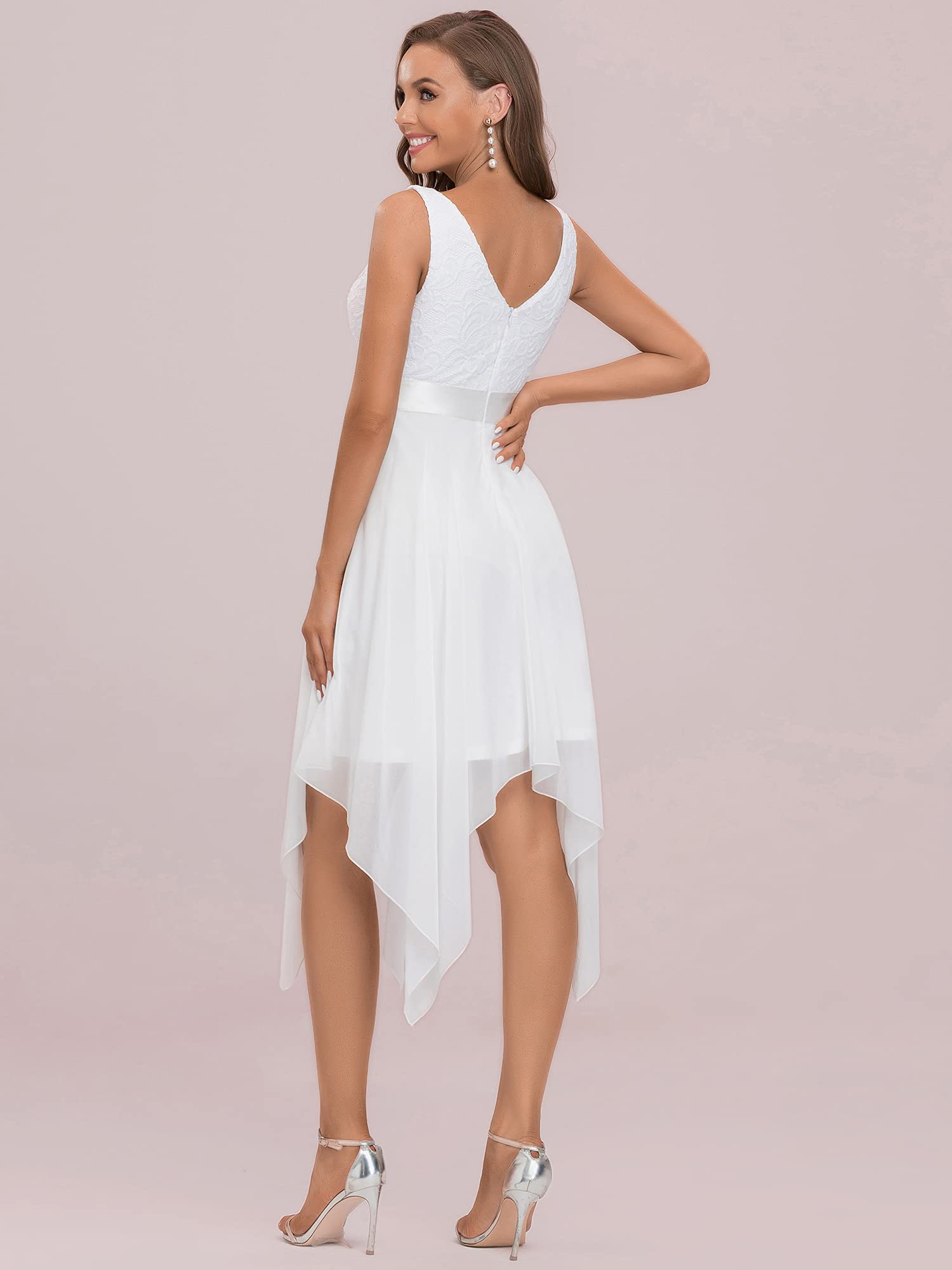 Ever-Pretty Womens Tea-Length V Neck Chiffon Formal Dress for Party White US8
