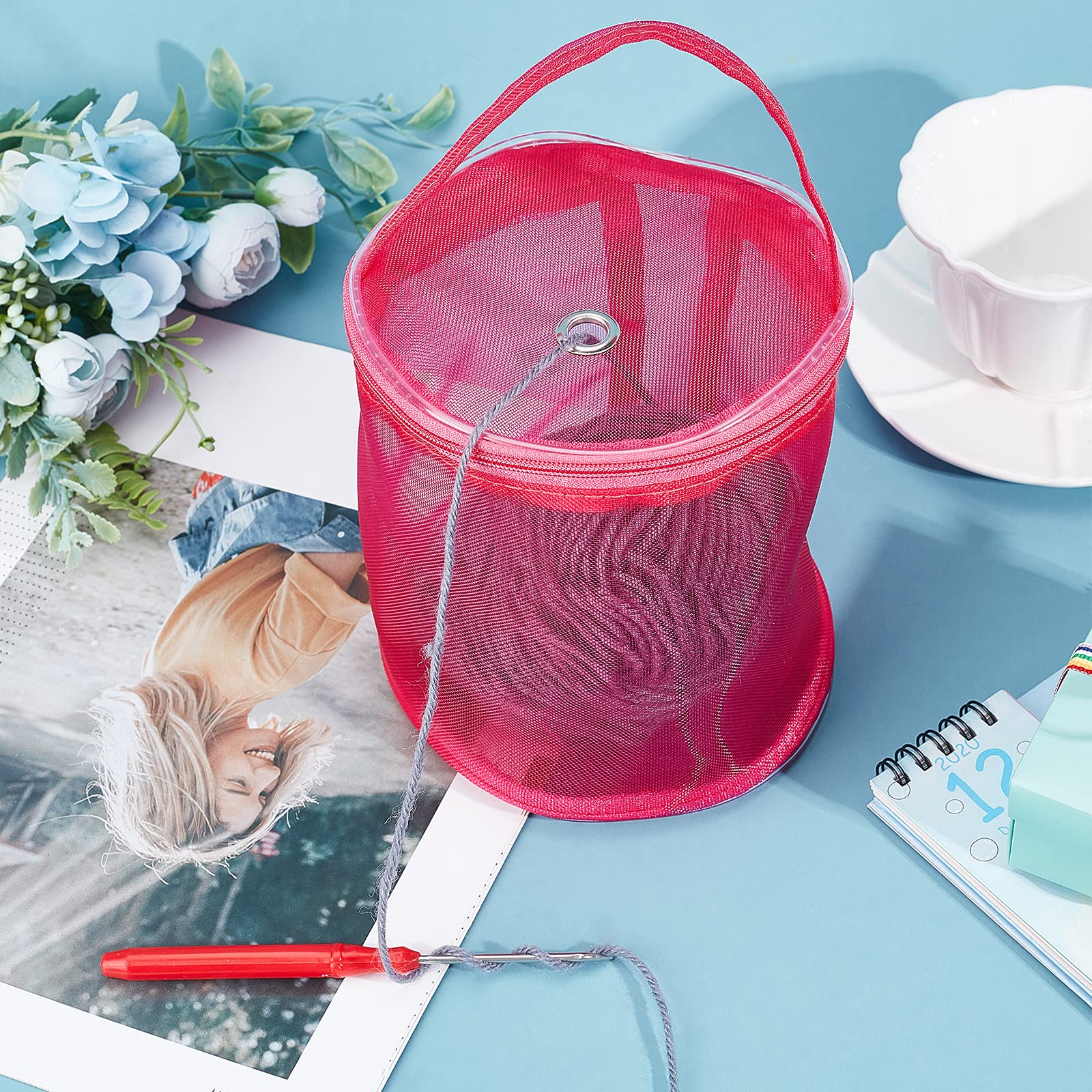 NBEADS 2 Pcs Empty Mesh Yarn Bags, Portable Knitting Bag Organza Storage Cases Tote Bags Crochet Thread Sewing Accessories for Yarn Storage (Fuchsia and Purple)