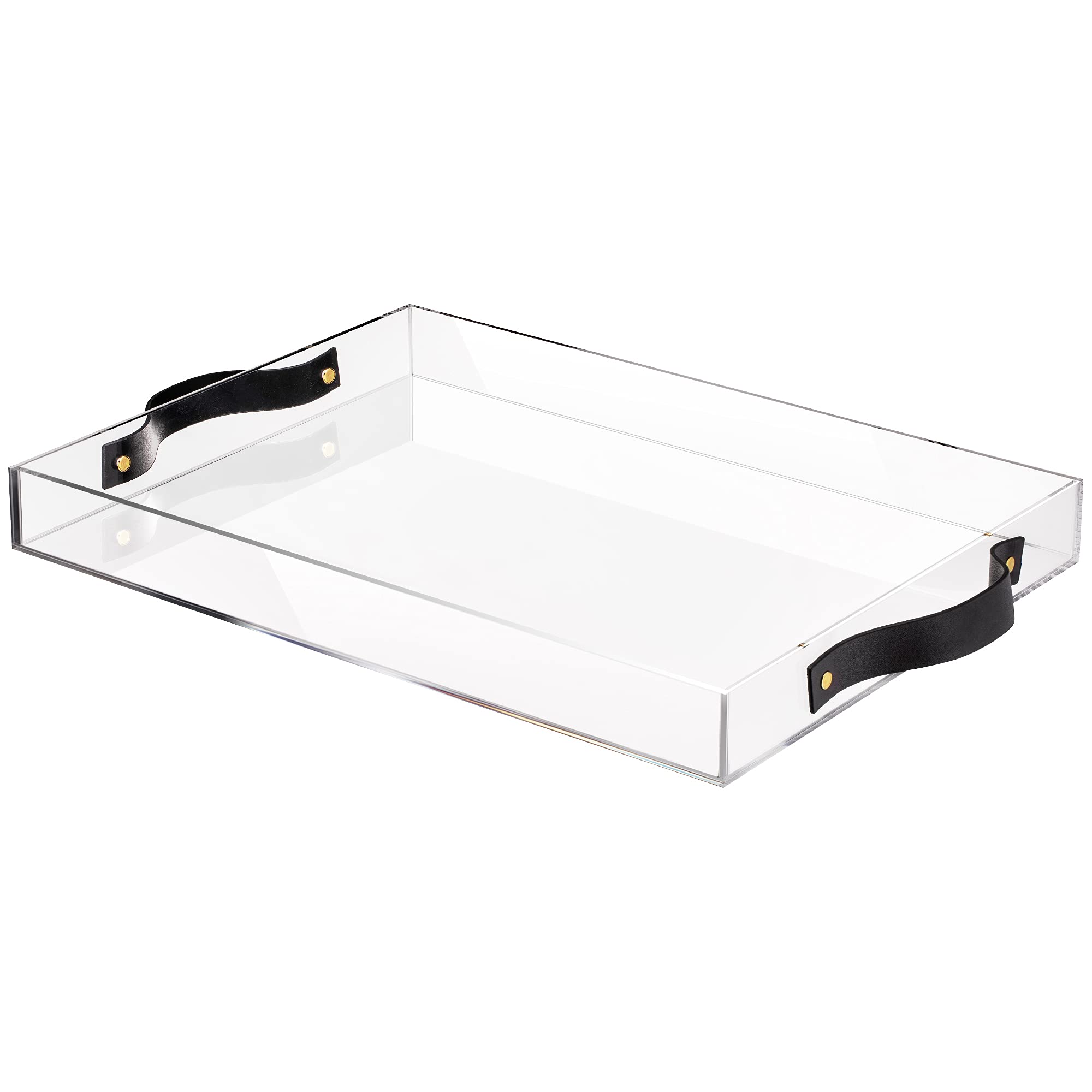 Elavain Acrylic Clear Serving Tray with Black Faux Leather Handles, Sturdy Perfume Organizer Tray, Large Tray for Ottoman Coffee Table, Countertop, Vanity, Kitchen & Living Room/ 15.75’’ x 11.8’’