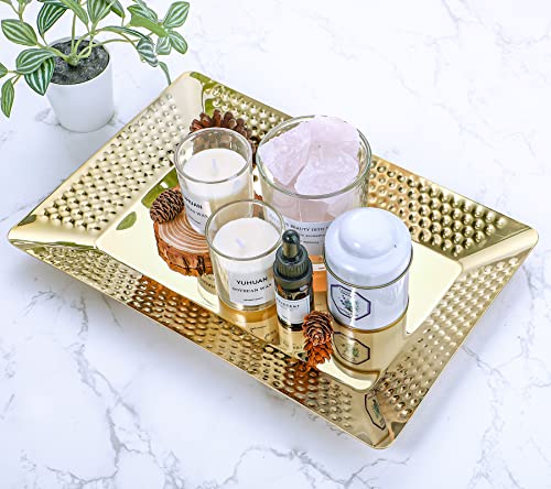 Koluti 12 Inch Gold Rectangle Decorative Tray, Brass Tone Hammered Nightstand Accessory Dresser Serving Plate, Counter Perfume Jewelry Makeup Organizer Storage, Stainless Steel