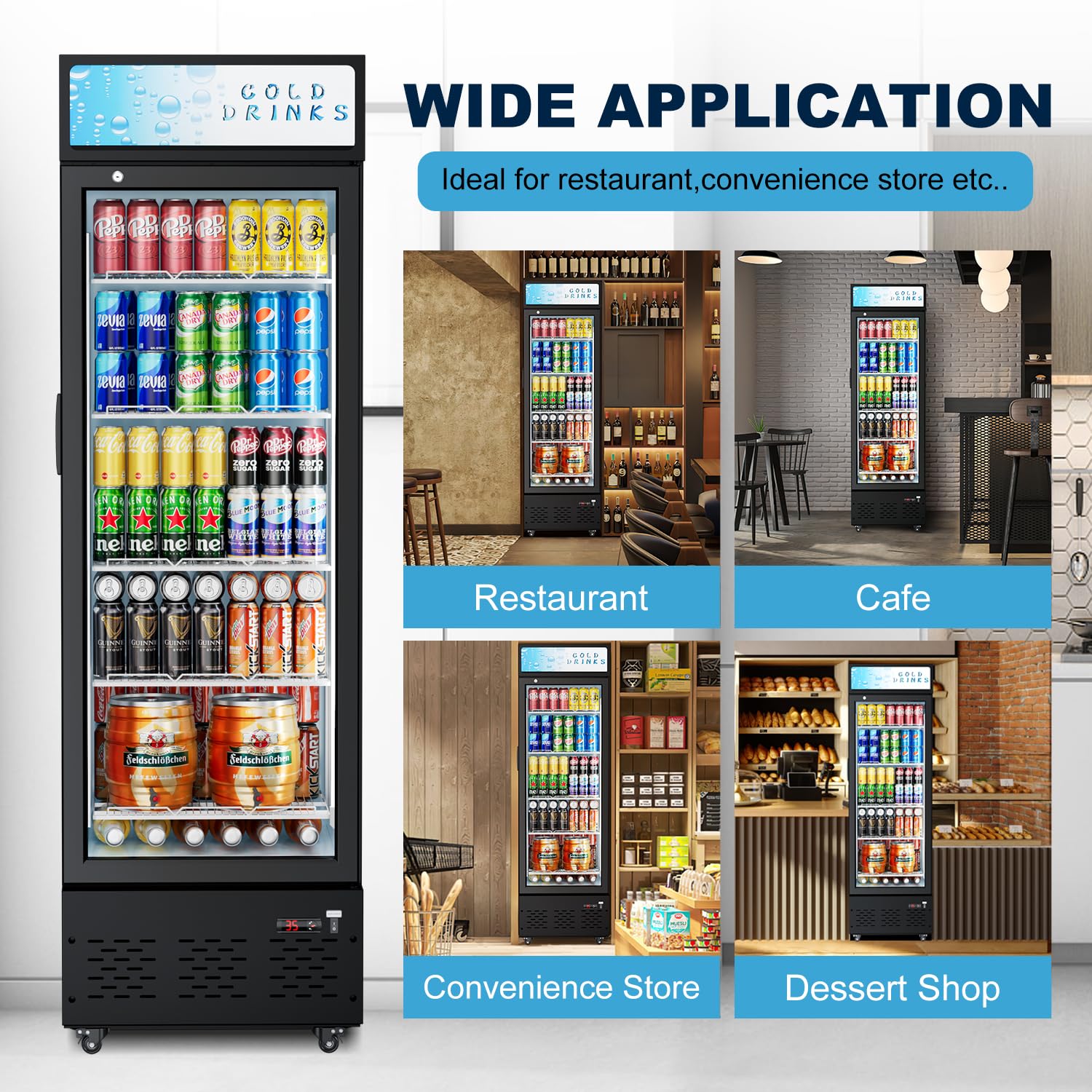 FreezLabs Glass Door Refrigerator Commercial Beverage Refrigerators with LED Light, 12 cu.ft and 5 Shelves, Display Refrigerator for Cafe Restaurant Store Bar, ETL/NSF Approved
