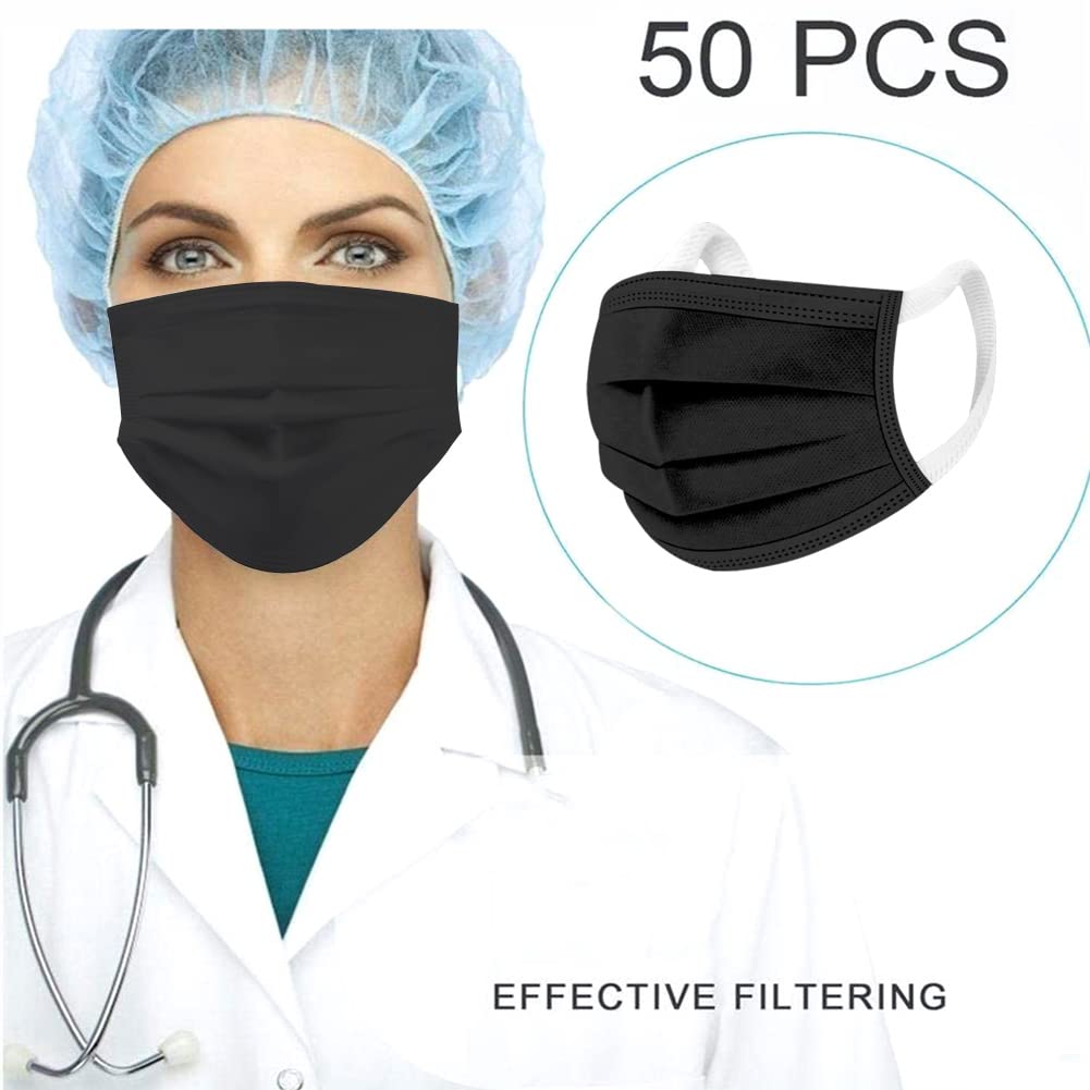 Chikool 50PCS Face Mask 3-ply Disposable Masks Black Face Mask with Elastic Ear Loop Breathable Dust Proof Non-woven Masks
