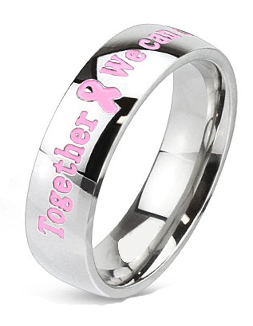 Cancer Awareness T15 Pink Ribbon Stainless Steel Band Ring Together We Can Do It Breast (10)