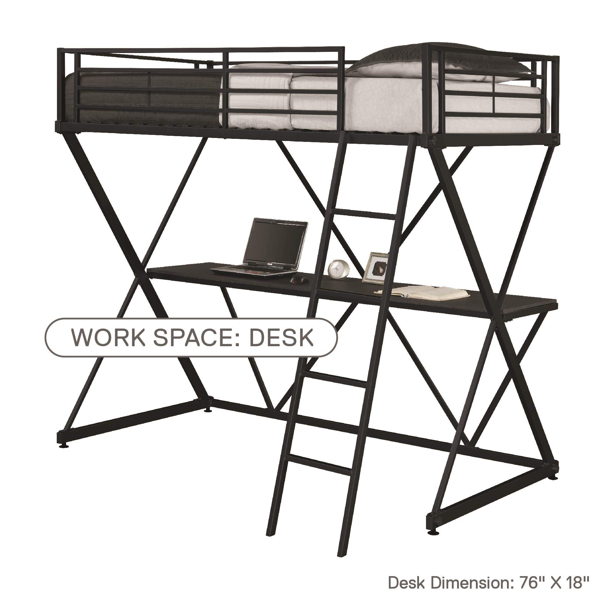 DHP Ciara Metal Bunk Bed Frame with Desk - Silver with Space Saving Design Caira Loft Bed Desk, Twin, Silver