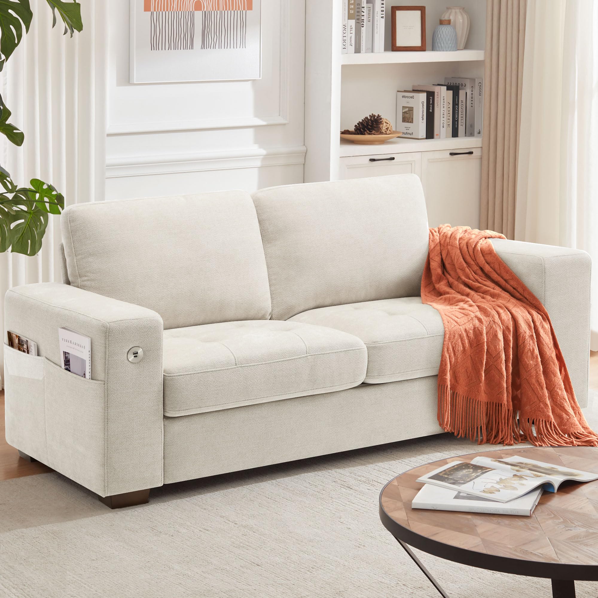 Ihanherry 90.5" Modern Sofa 3-Seats Couch for Living Room, Chenille Pillow-Armrest with Extra Large Seat Width, USB/Type-C Charging Port & Side Pocket, Removable Medium Firm Cushion(Grey)