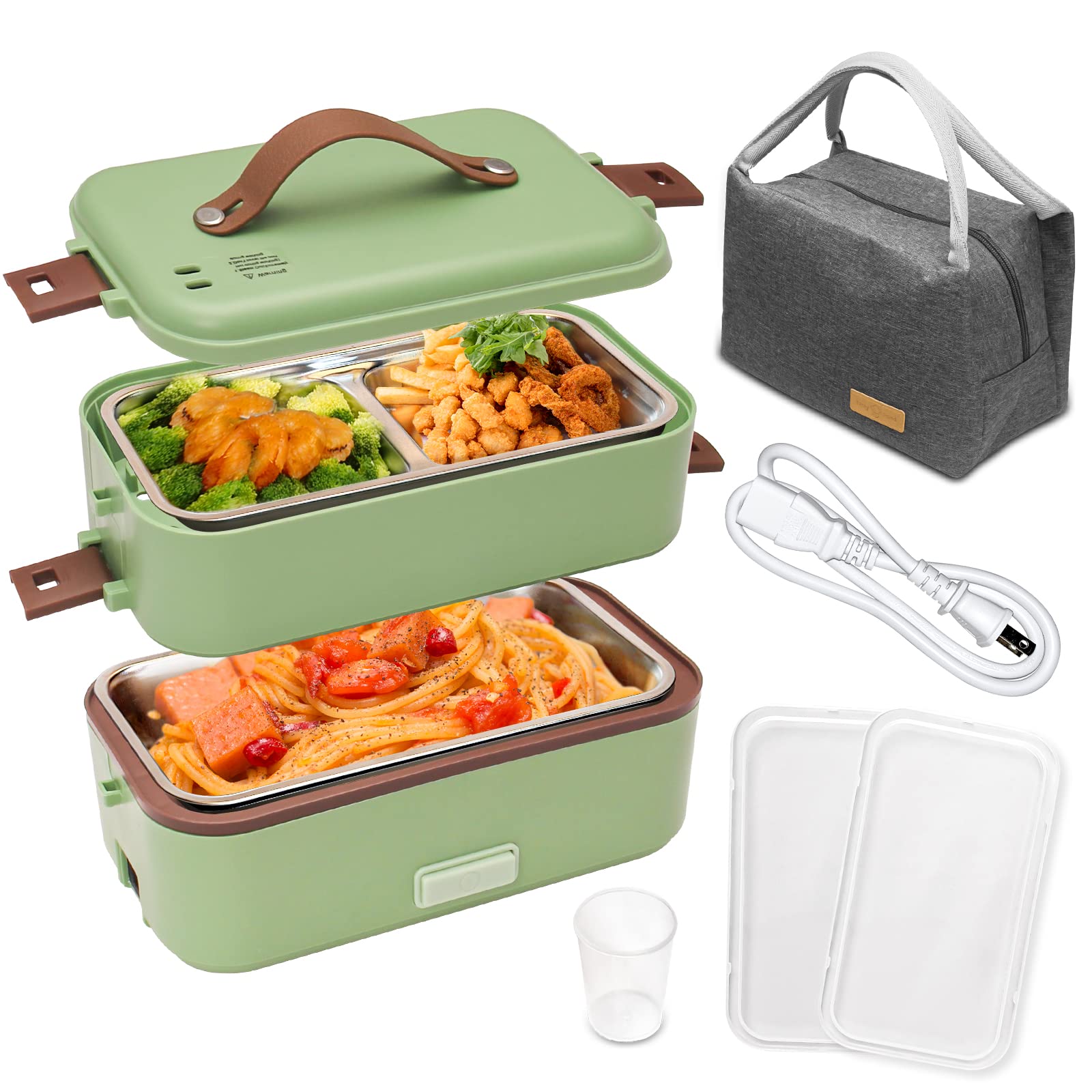 Electric Lunch Box Food Heater, 3 in 1 Portable Food Warmer for Office Home School,2 Layer Heated Lunch Box Leak Proof, Food Warmer with Removable 304 Stainless Steel Container 800ml (Green)