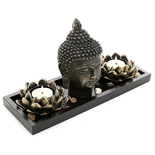 MyGift Black Buddha Head Sculpture Zen Garden Set w/Lotus Tealight Candle Holders & Wooden Display Tray