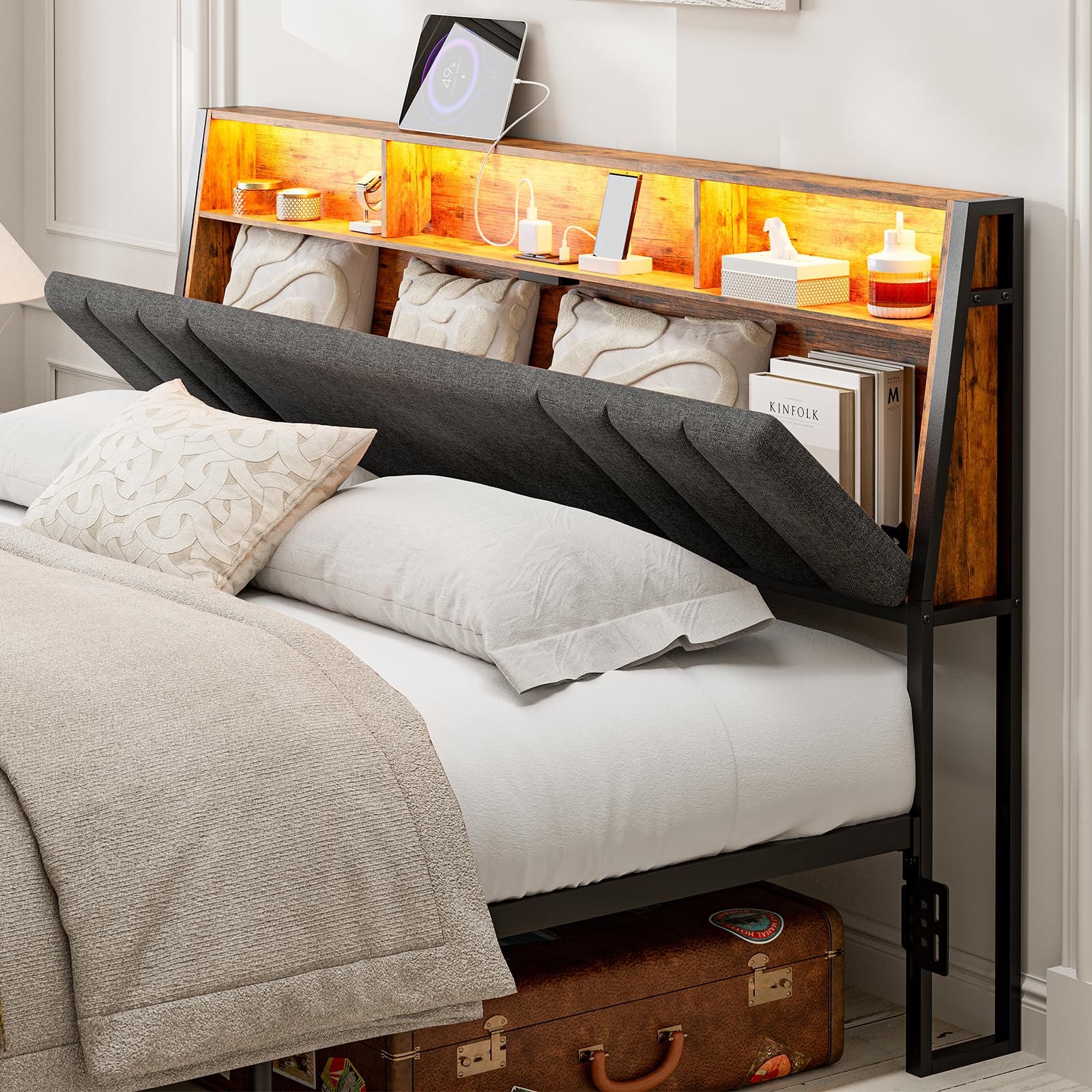 IKIFLY Hidden Storage Headboard California King Size with Charging Station, Ergonomic Upholstered Cal King Headboard Only with LED Lights, 2 Outlets & 2 USB Ports, Easy Assembly, Dark Grey