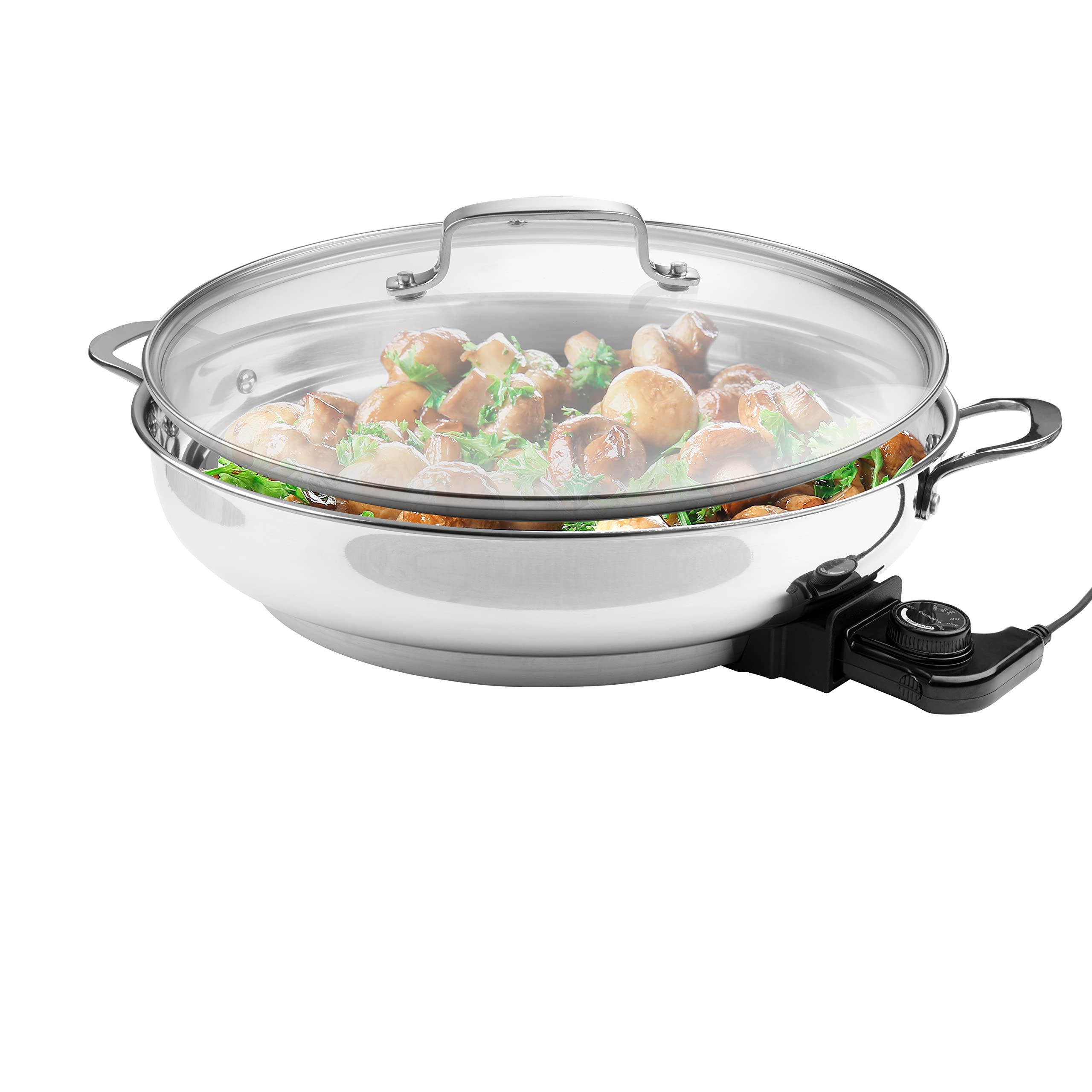 Electric Skillet By Cucina Pro - 18/10 Stainless Steel Frying Pan with Tempered Glass Lid and Handle, 16" Round with Adjustable Temperature Control Probe, Portable, Includes Recipe Guide, Great Gift