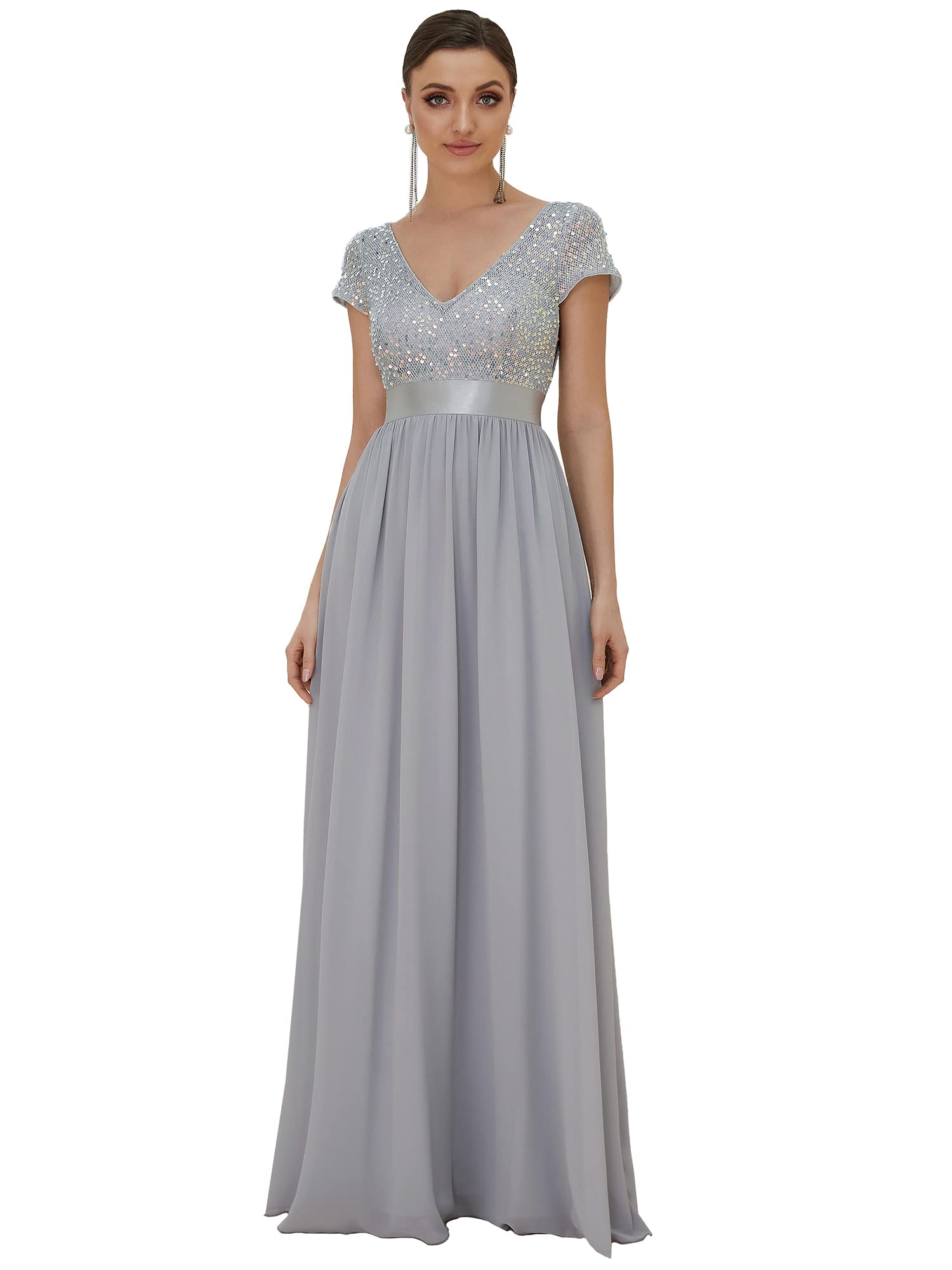 Ever-Pretty Women's Sequin V-Neck A-line Short Sleeves Empire Waist Maxi Evening Party Dress Silver US16