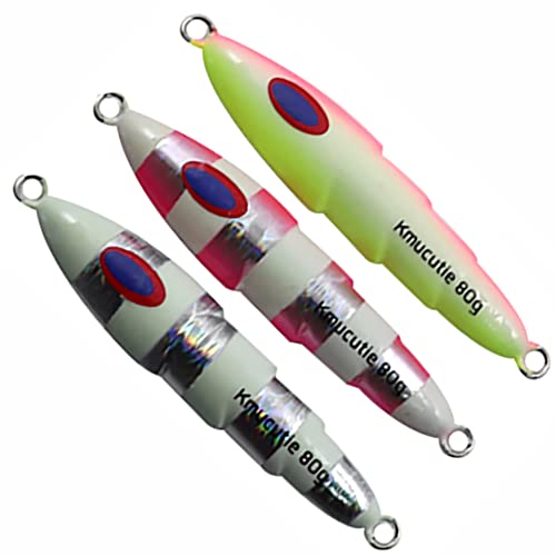 Kmucutie Saltwater Glow Fishing Jigs Deep Sea Fishing Lures Jigging Artificial Lures for Tuna,Grouper,Dogtooth,Bass Salmon (3 Piece Mixed Color E, 80 G)