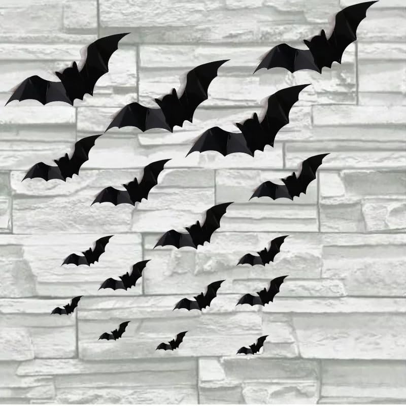 Halloween Bat Decorations - 12PCS Green Glowing Bats, DIY Window Wall Stickers, Reusable PVC 3D Bats Stickers for Bathroom Indoor Hallowmas Party Supplies