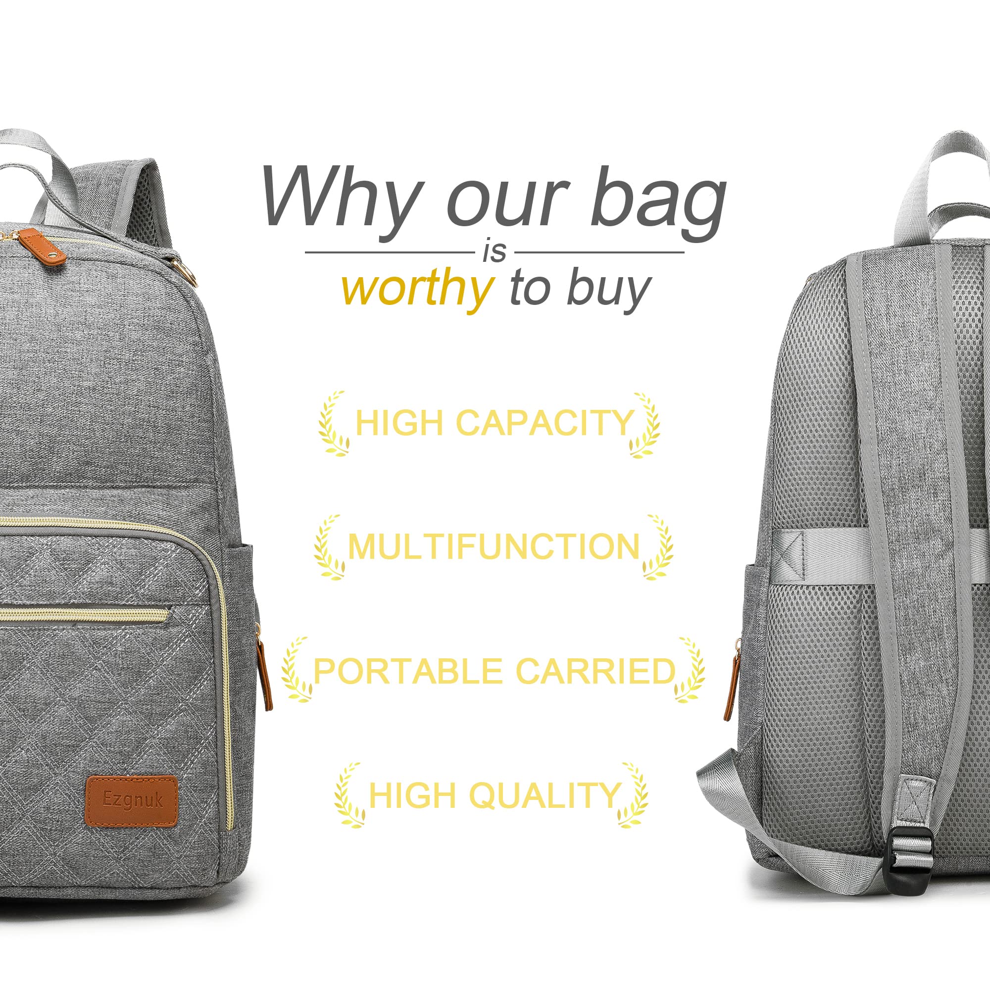 Ezgnuk Diaper Bag Backpack, Baby Travel Pack Organizer with Large Capacity Multifunction, Waterproof and Thermal Insulation. (Grey)
