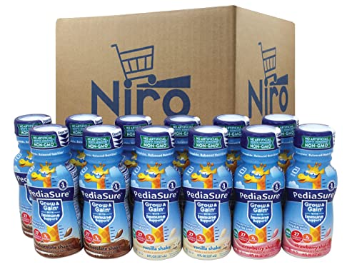 PediaSure Grow and Gain With Immune Support Shake | Complete Balanced Nutrition | PediaSure Strawberry, PediaSure Vanilla, and PediaSure Chocolate Flavors | 12 Pack | Niro Assortment