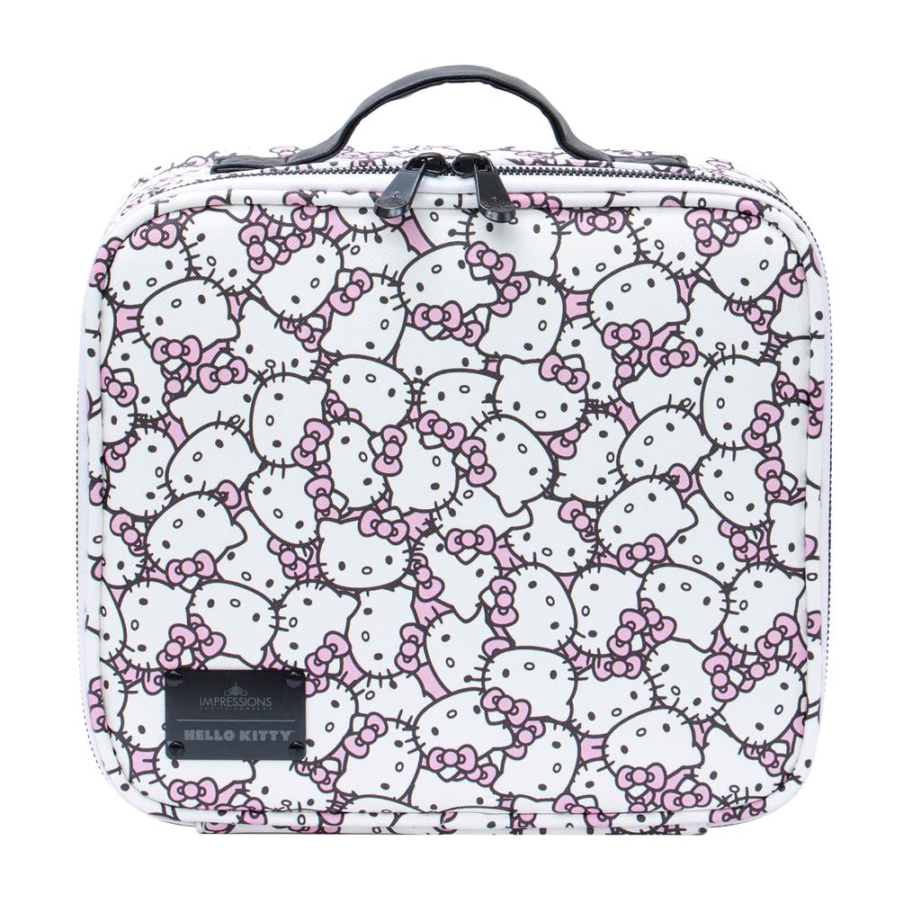 Impressions Vanity Hello Kitty Cosmetic Bag with Faux Leather,Travel Toiletry Bag with Inside Zipper Pockets, Waterproof Reusable Large Cosmetic Makeup Vanity Organizer (White/Pink)