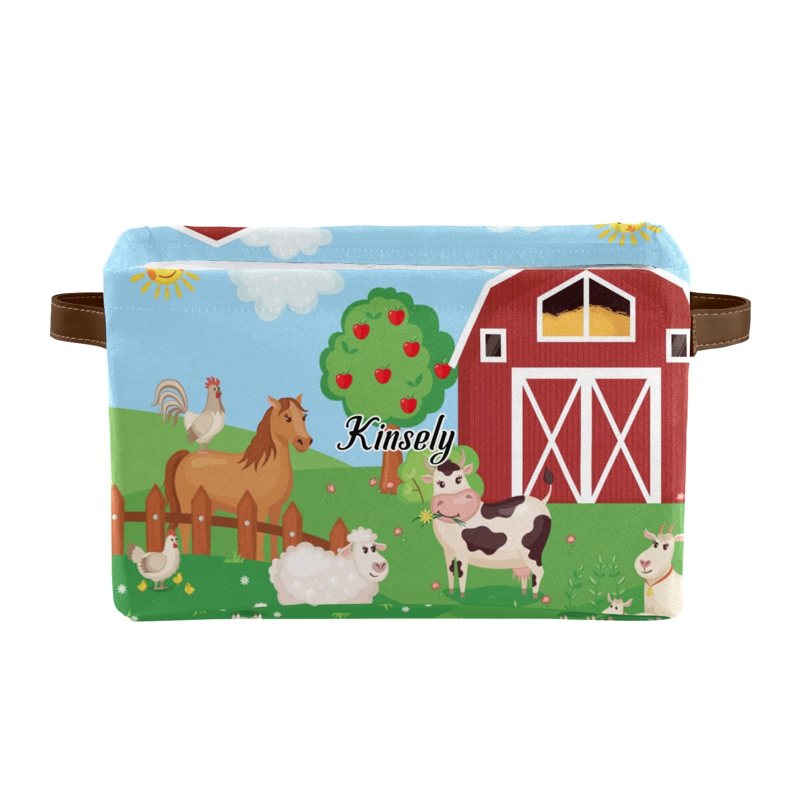 Farm Animals Barn House Custom Storage Basket,Personalized Storage Bins Cubes Organizer with Handle for Bedroom Wardrobe,Nursery,Basket 1 Pack