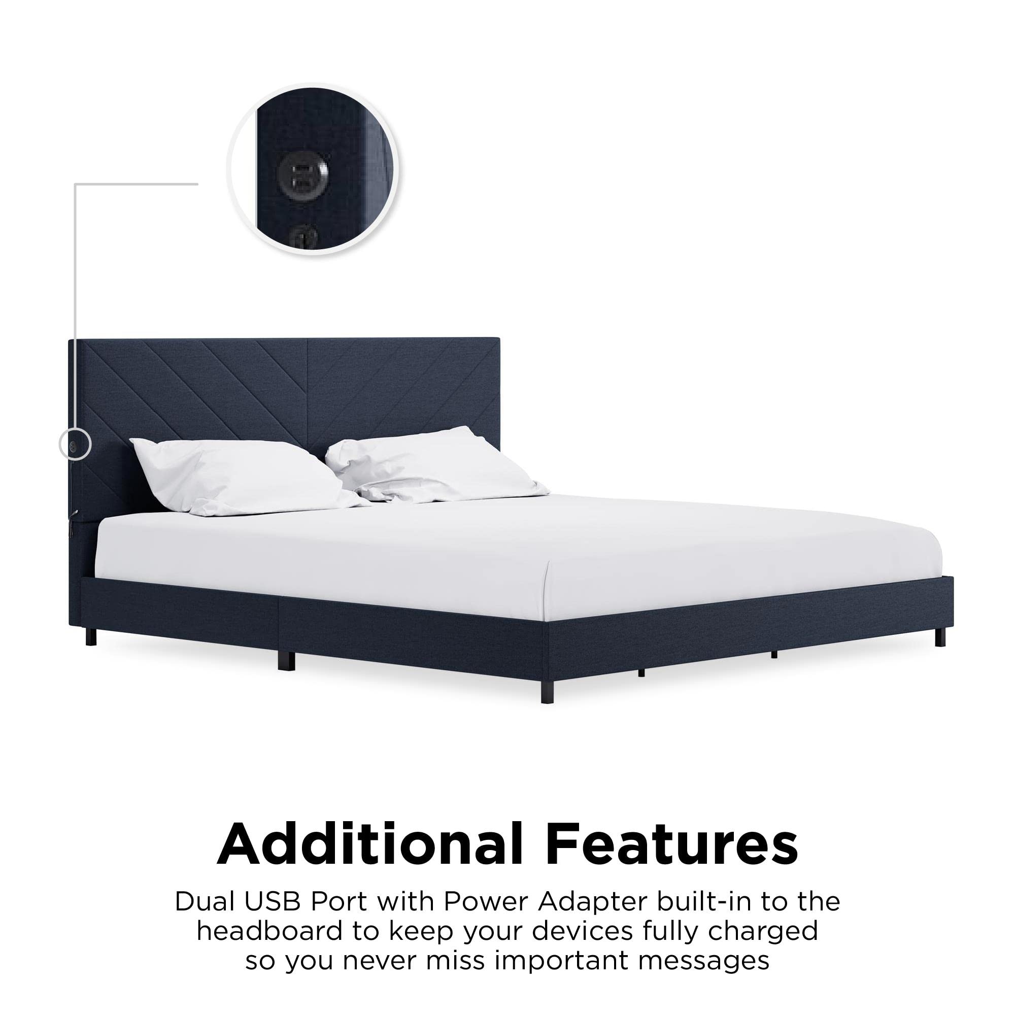DHP Mathias Upholstered Bed with USB, Dual Port with Power Adapter, King, Navy