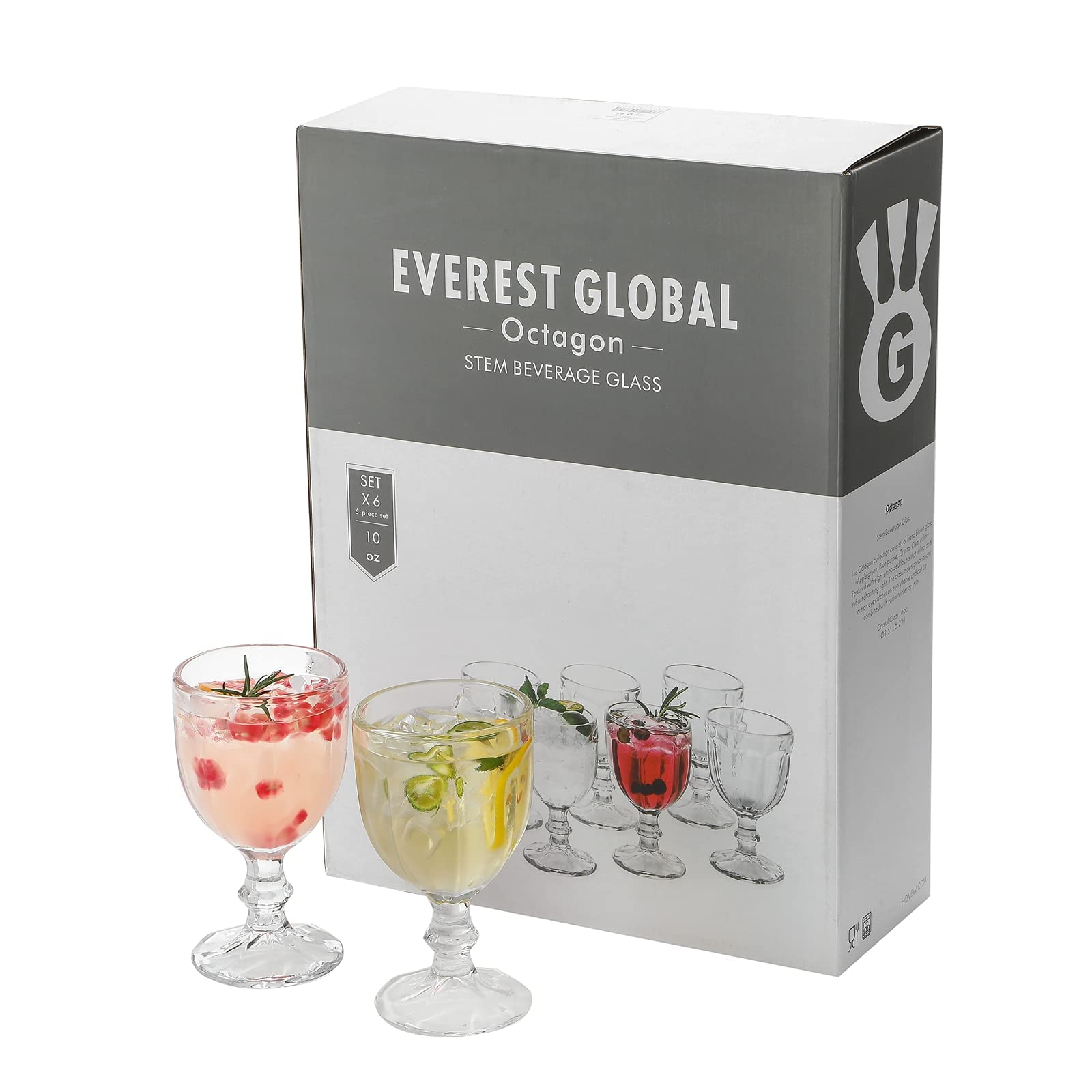 EVEREST GLOBAL Iced Tea Goblet Glasses Set of 6 10.2 oz Vintage Octagon Glassware for Beverage Stemmed Stemware Soda Juice Water Perfect for Party Bars Restaurants (Crystal Clear)