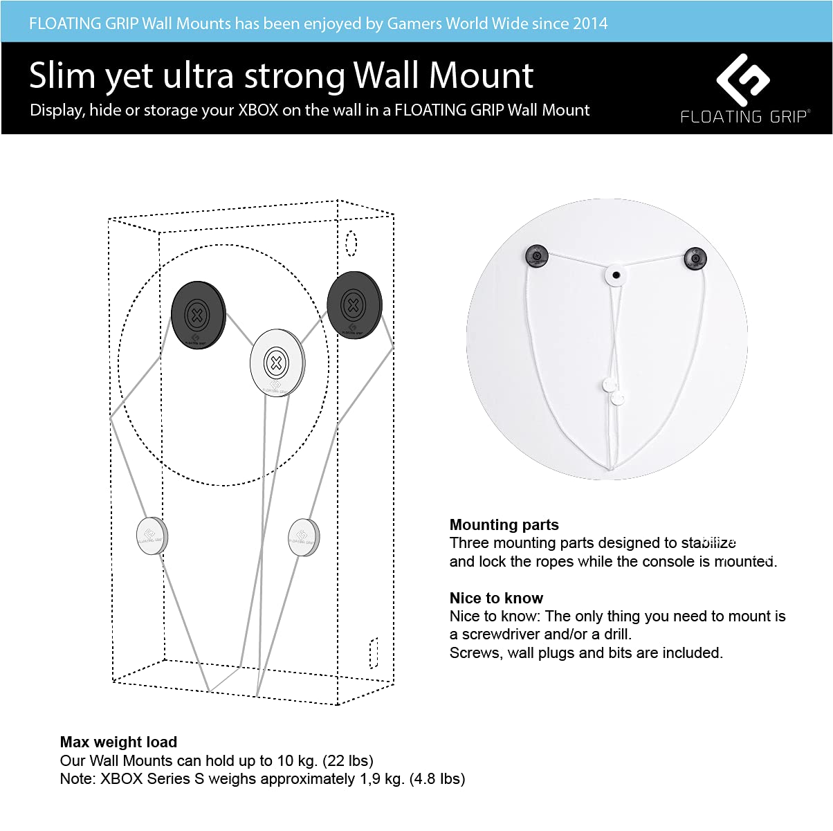 XBOX Series S Wall Mount Solution by FLOATING GRIP - Sleek Mounting Kit for Hanging XBOX Series S Gaming Console on the wall (Standard: Fits XBOX Series S, White)