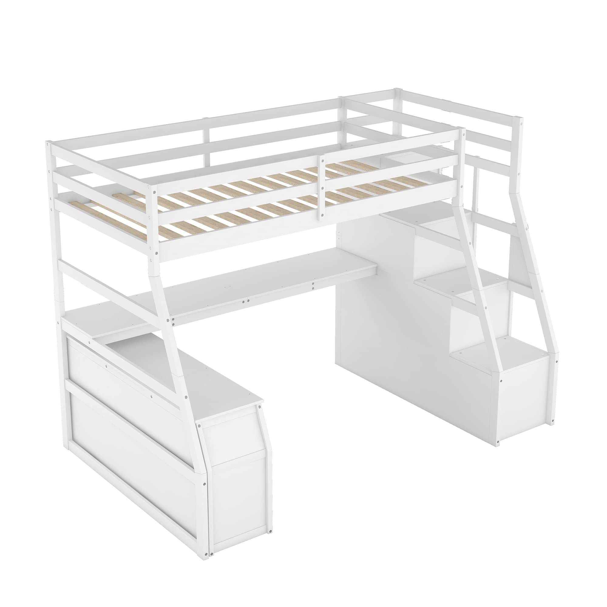 Harper & Bright Designs Twin Size Loft Bed with 5-Drawers Storage Stairway, Built-in Desk with Cabinet, 2 Drawers and Shelves, Full Length Guardrail Twin Loft Bed Frame, White