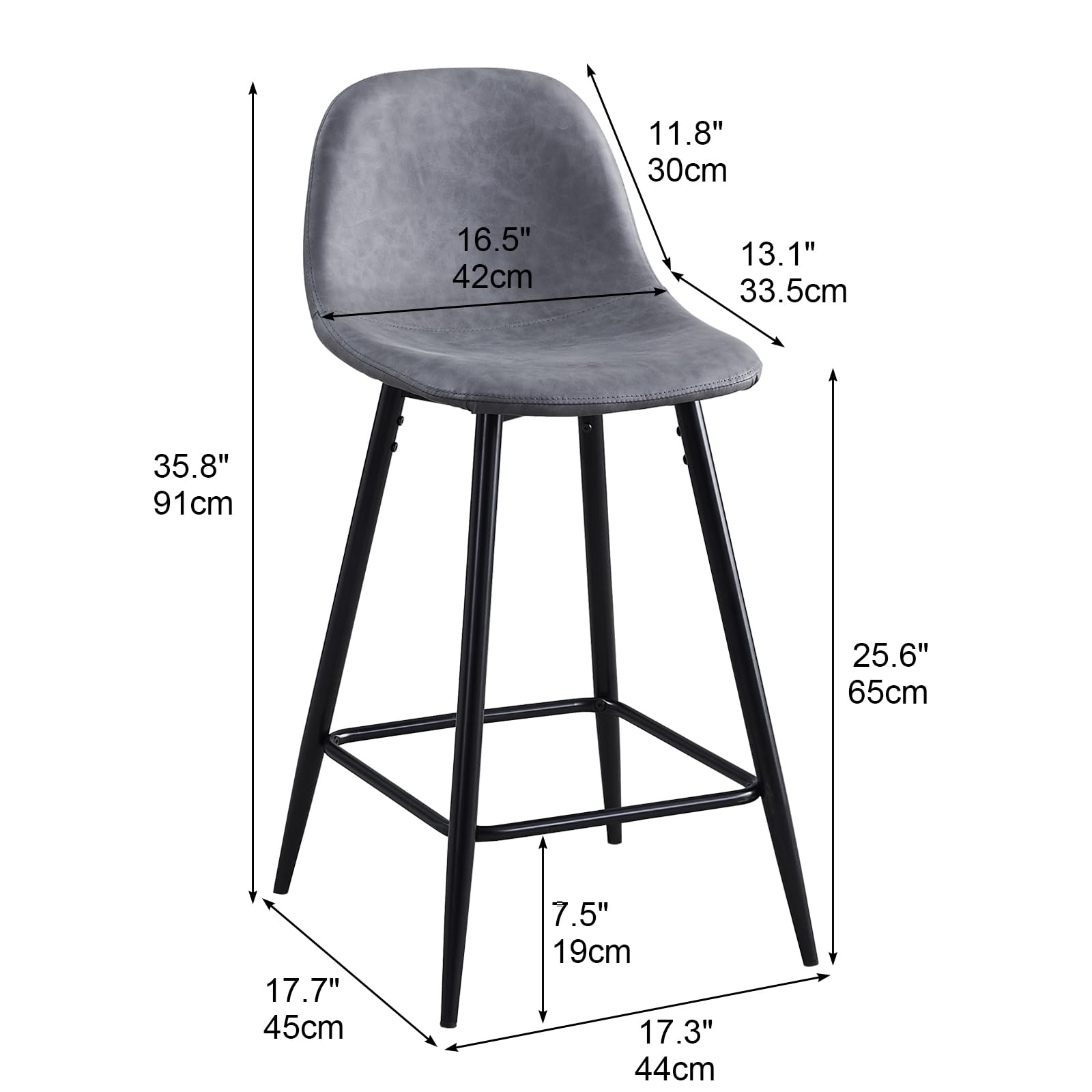 CLIPOP Pu Leather Bar Stools Set of 2, 26" Counter Height Bar Stool with Back, Sturdy Metal Legs, Footrest, Kitchen Bar Chairs for Home Island Breakfast Pub, Maximum Weight 330 lbs, Grey