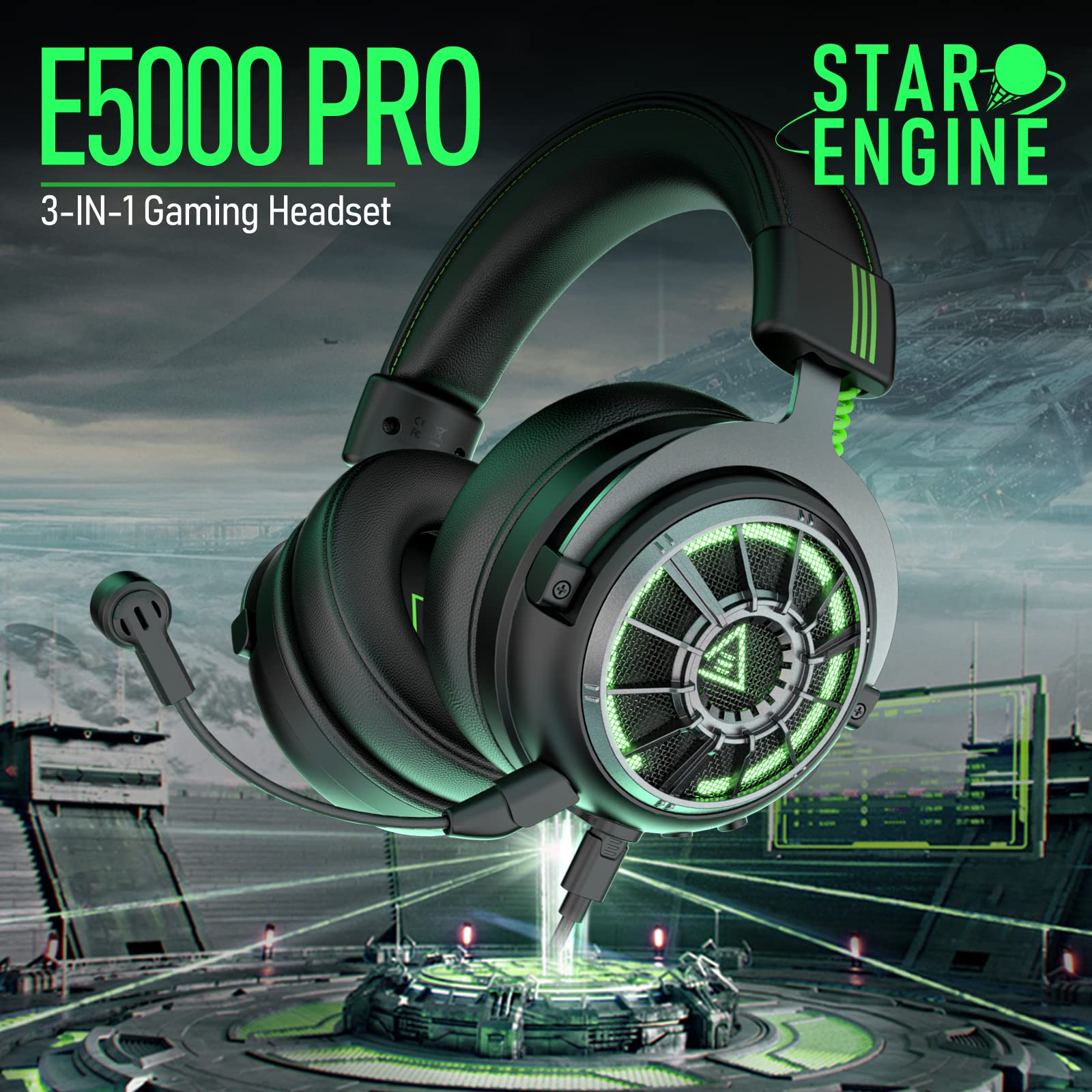 EKSA PC Gaming Headset - Headset with Detachable Noise Cancelling Microphone,7.1 Surround Sound,Dual Chamber Driver,Gaming Headphone for PS4,PS5,PC,Xbox one,Switch,Computer (StarEngine, Black-Green)