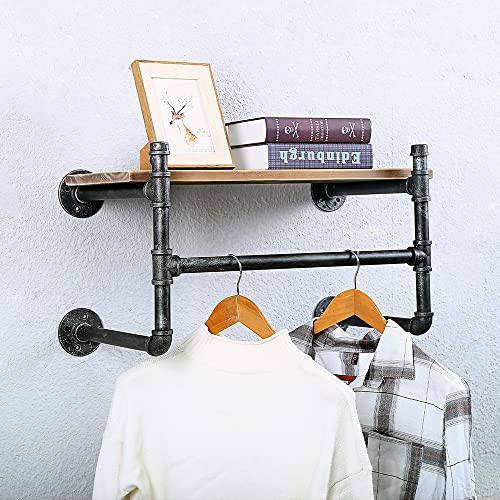OLDRAINBOW Industrial Pipe Clothing Rack Wall Mounted with Real Wood Shelf,Pipe Shelving Floating Shelves Wall Shelf,24in Retail Clothes Racks Display Rack