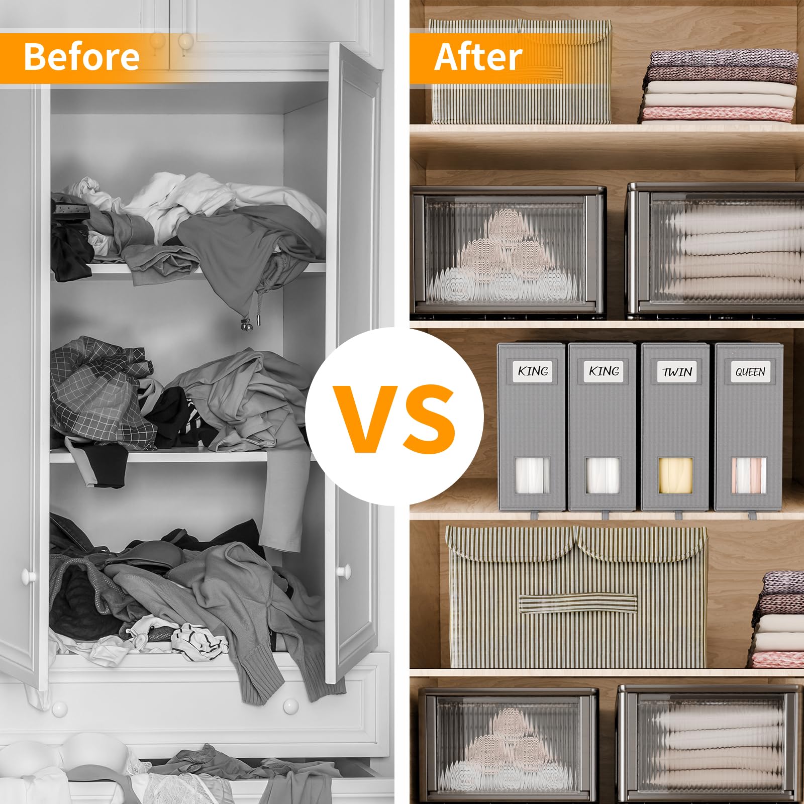 Fixwal 6 Pack Bed Sheet Organizers and Storage Foldable Box for Linen Closet, (Queen & King Size) Bedding Set Containers for Blanket Comforter Pillow Cube with Window and Label, Gray