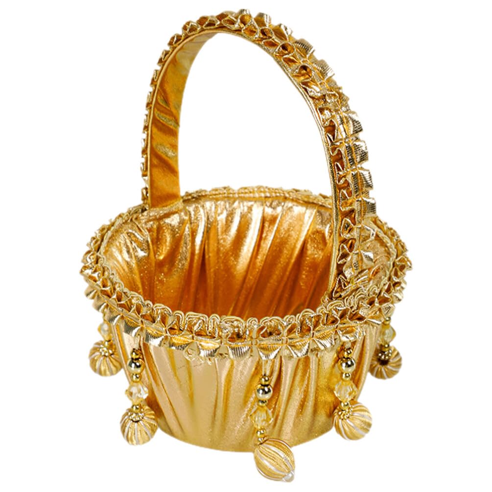 Golden Flower Girl Baskets for Wedding Flower Girl Basket Handle Baskets with Beaded Tassel Bridal Rose Petals Basket Rustic Picnic Storage Basket for Easter