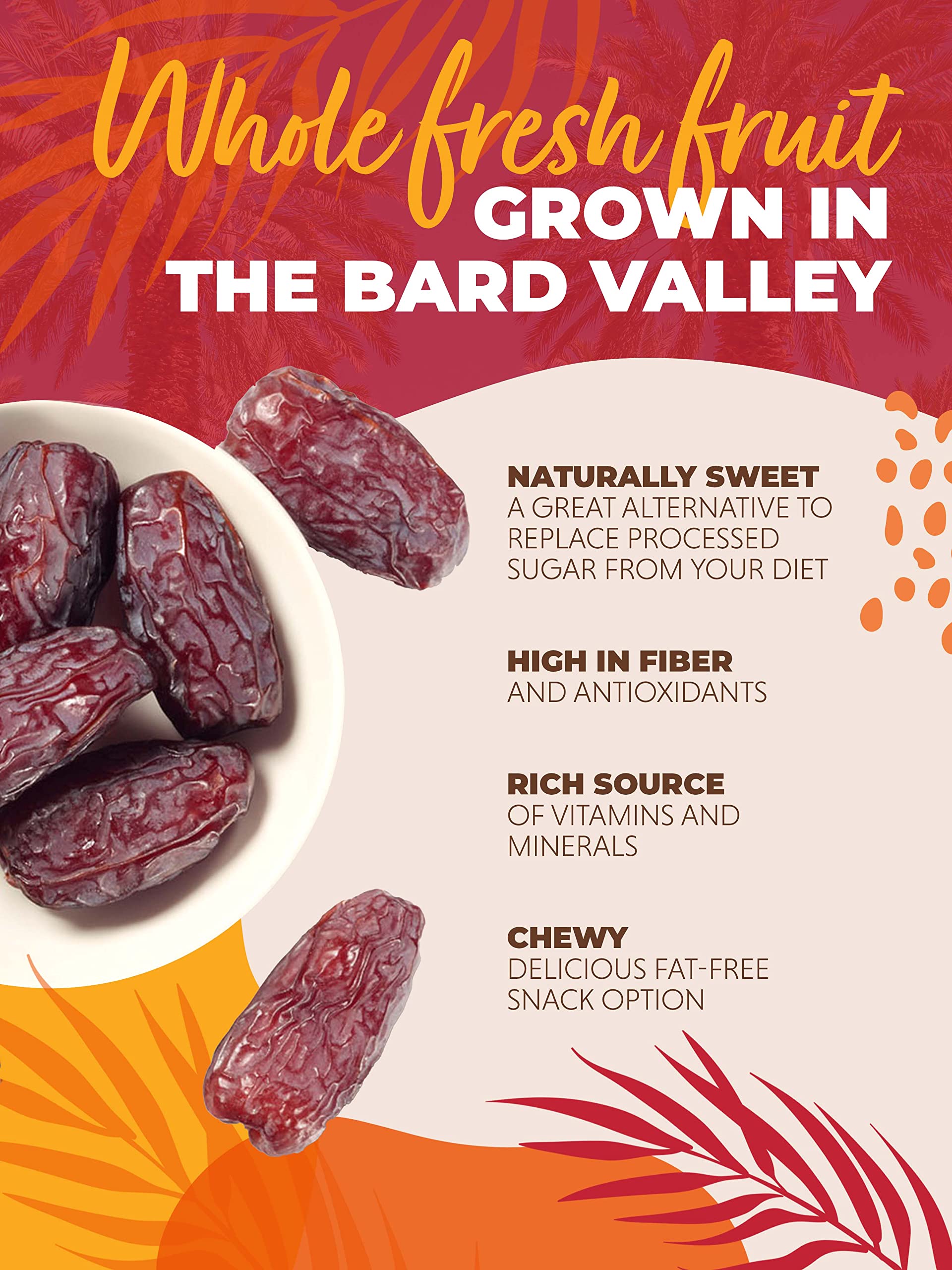 Natural Delights Dates – Large & Plump, Non-GMO Verified, Good Source of Fiber, Naturally Sweet Fruit Snack, Perfect for On-the-Go - Medjool Dates Whole, 2 lb Box
