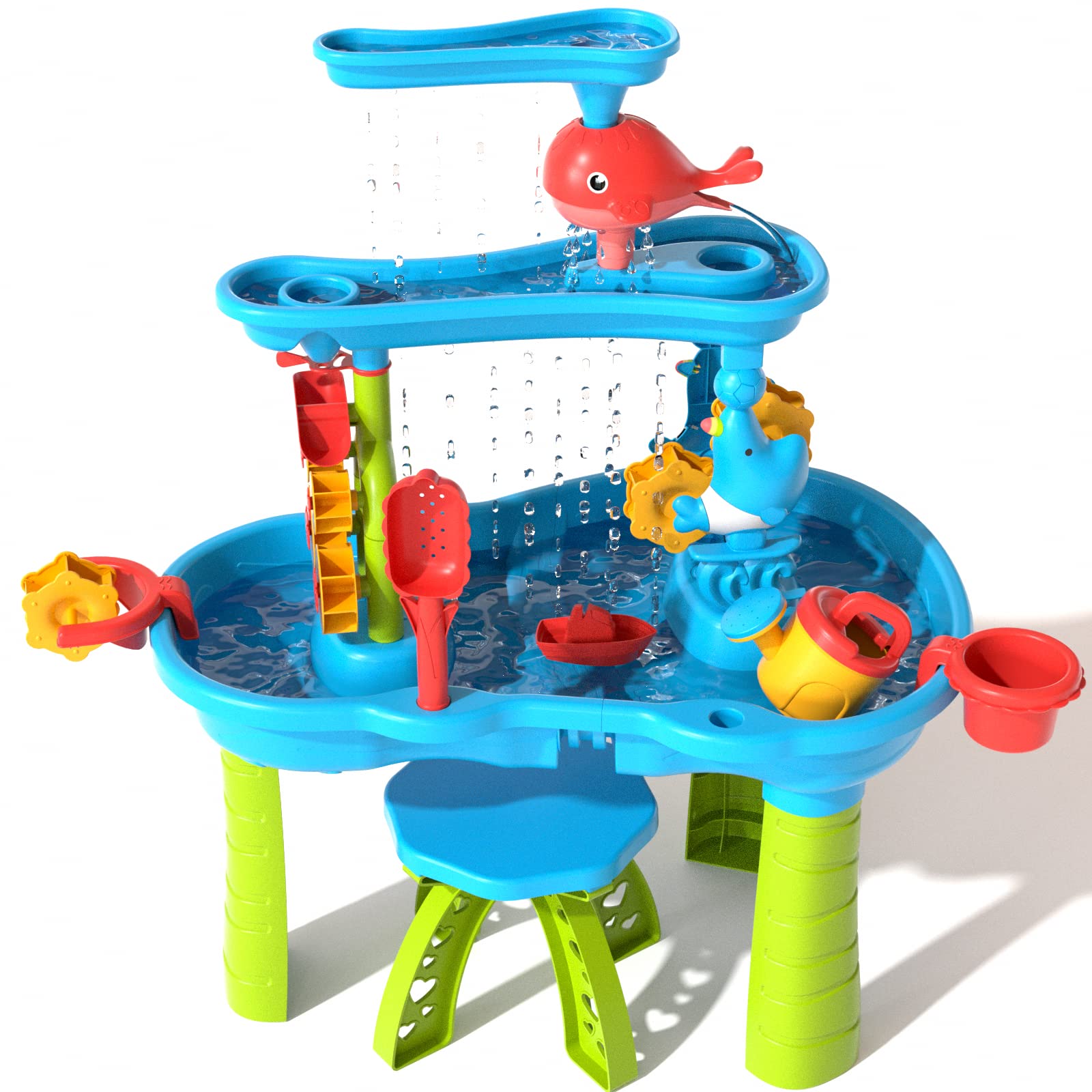 Doloowee Sand and Water Table Toy for Kids, 3 Tier Showers Pond Table, Kids Play Activity Summer Outdoor on Beach Backyard Toddlers 1-3 Age 3-5 Up
