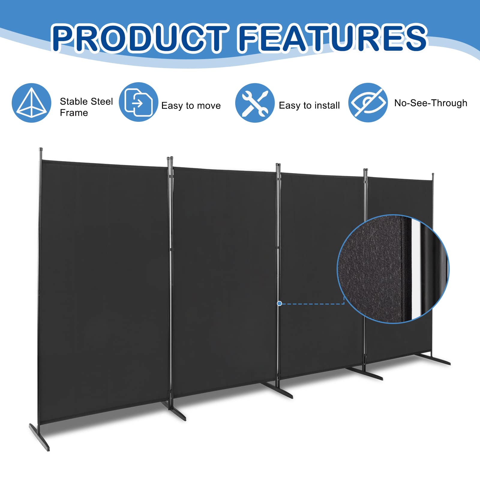 IMSEIGO 6 FT Folding Room Divider, Foldable & Portable Privacy Screens, 4 Panel Room Partition and Dividers, Indoor Room Privacy Fabric Screens for Home, Dorm, Office, Bedroom, Restaurant,Black