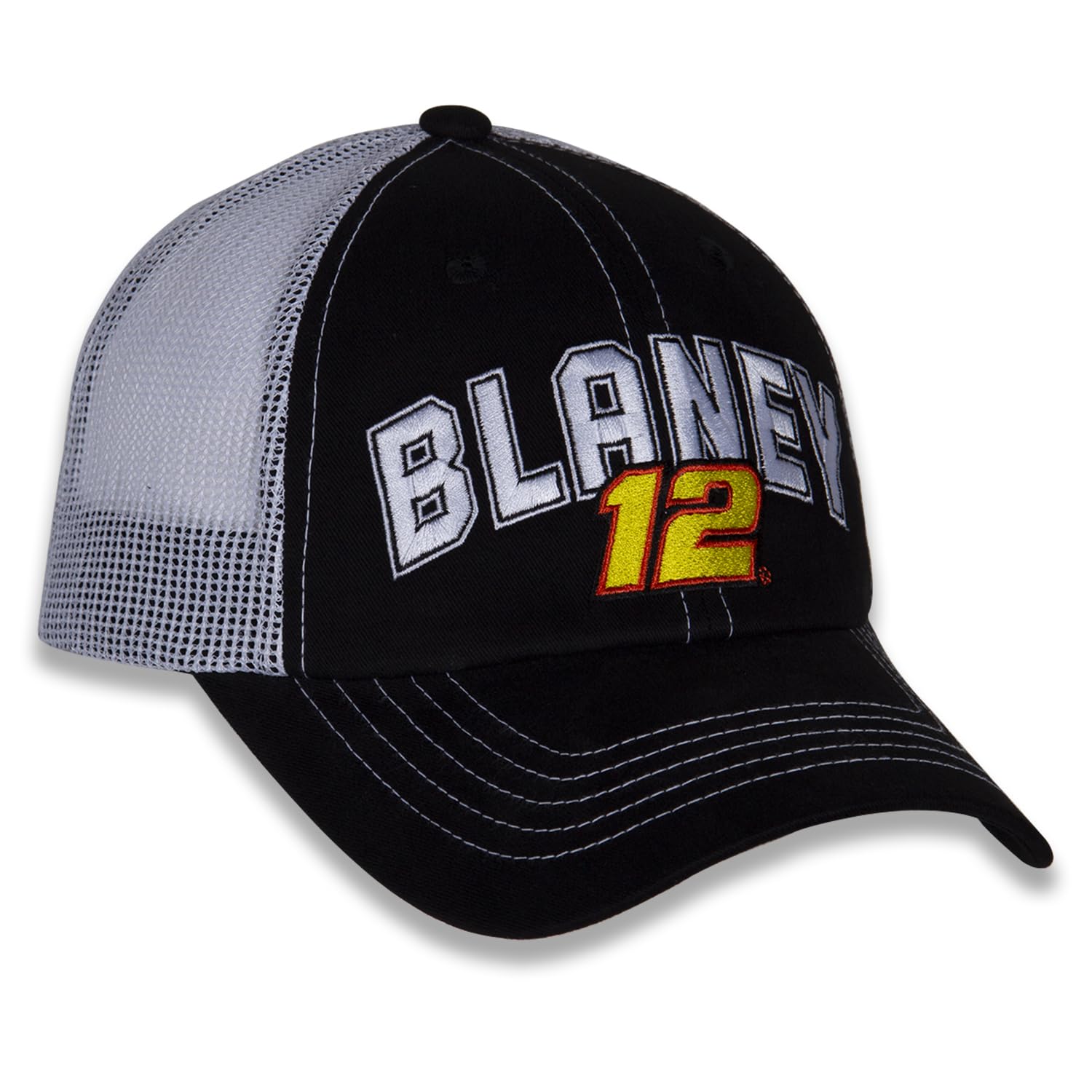 Checkered Flag Sports Ryan Blaney #12 NASCAR 2023 Black Name and Number Driver Adjustable White Mesh Trucker Hat