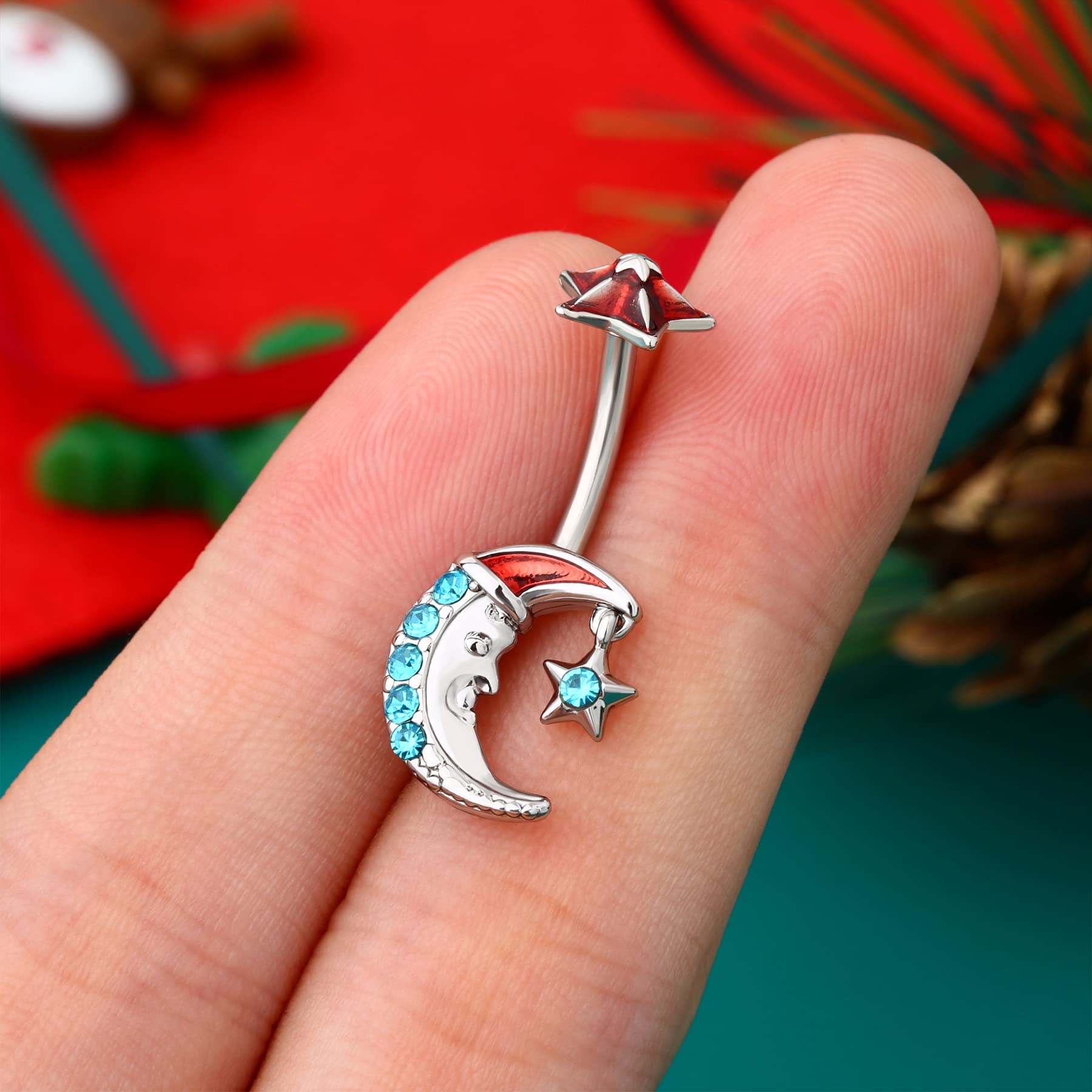 COCHARM 14g Christmas Belly Button Rings Moon Belly Rings for Women Cute Moon Belly Piercing Dainty Witch Navel Piercing Jewelry