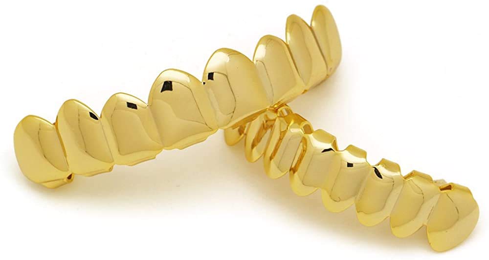 canjoyn 8 Teeth Grillz 18K Gold Top and Bottom Grills Set Shiny Hip Hop Teeth Grillz + Extra Molding Bars