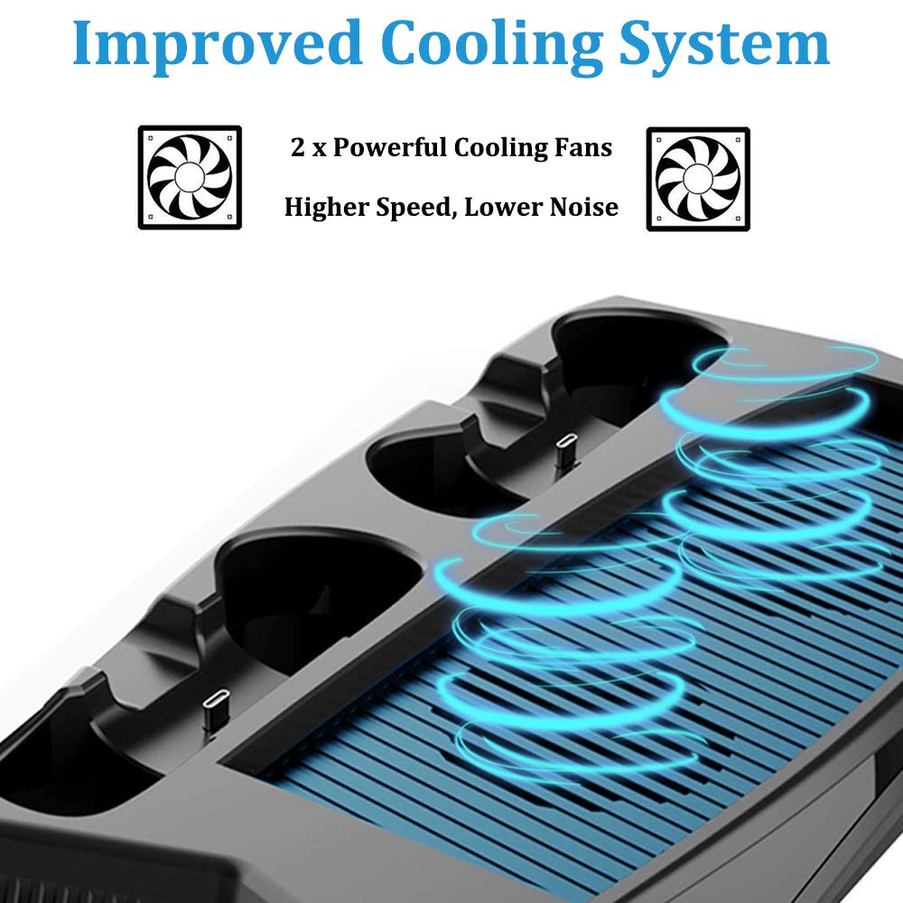 CONNYAM Vertical Stand with Cooling Fan for PS5 Ultra HD Console and PS5 Digital Edition, Controller Charge Station and 14 Retractable Game Storage for Sony Playstation 5 (Black)