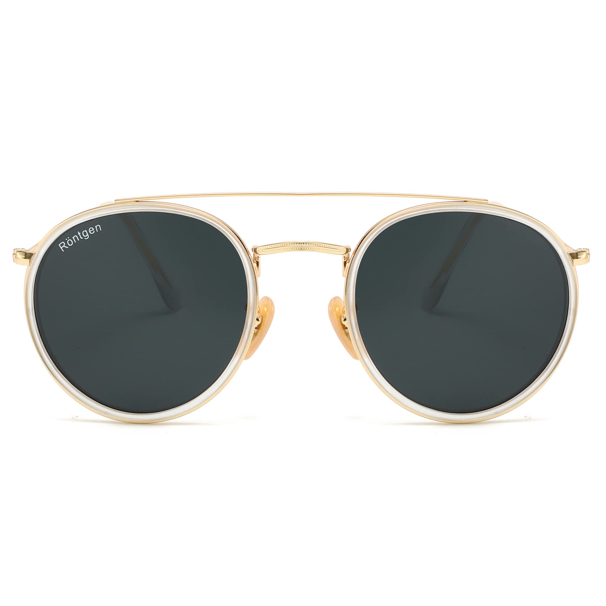CONRAD RONTGEN Retro Round Sunglasses for Women Men Double Bridge UV400 Protection Black Frame Black Lens