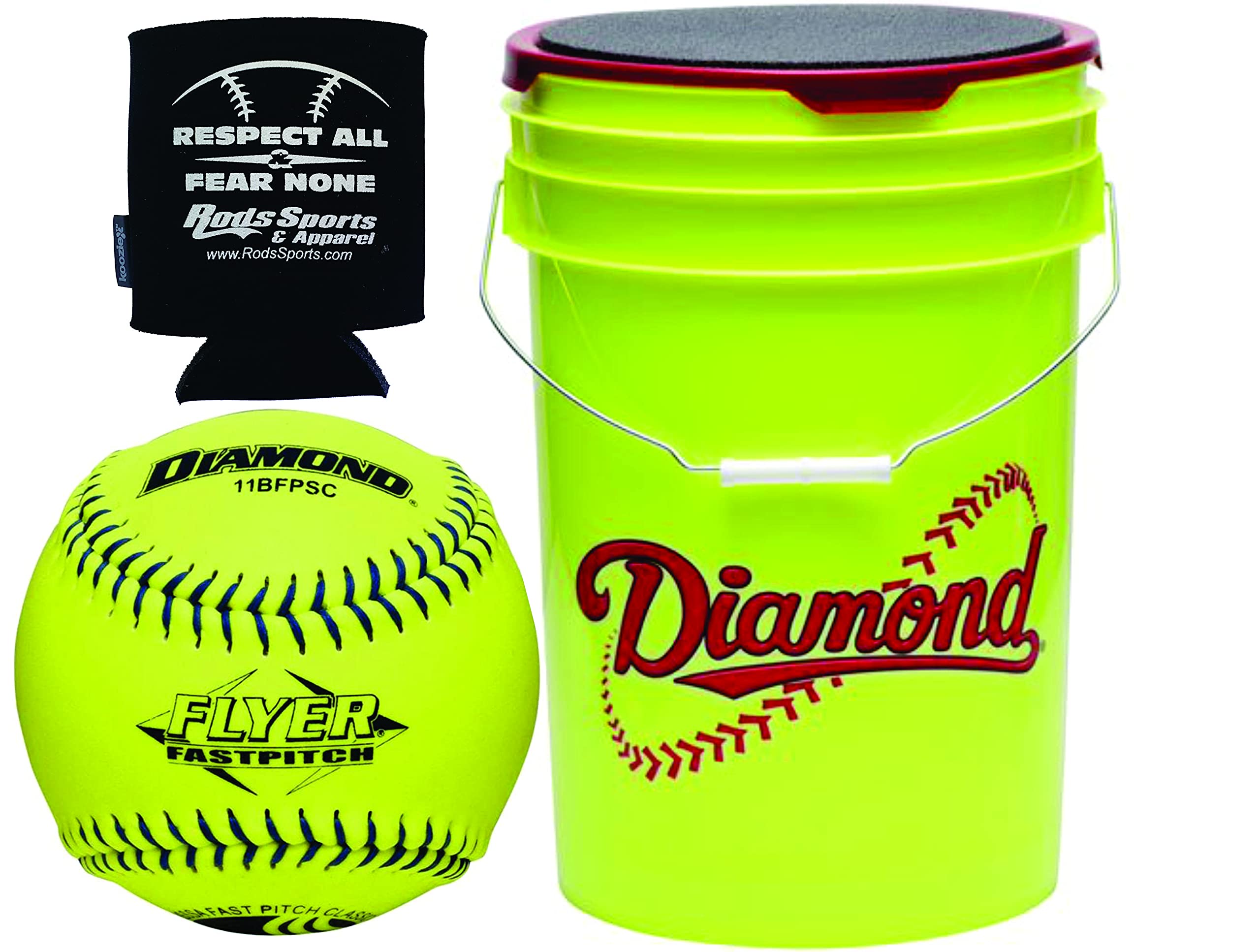 Diamond 11-Inch USSSA Fastpitch Softballs, 11BFPSC Classic | 18 Ball Pack with Optic Yellow Bucket and Rods Insulated Can Sleeve