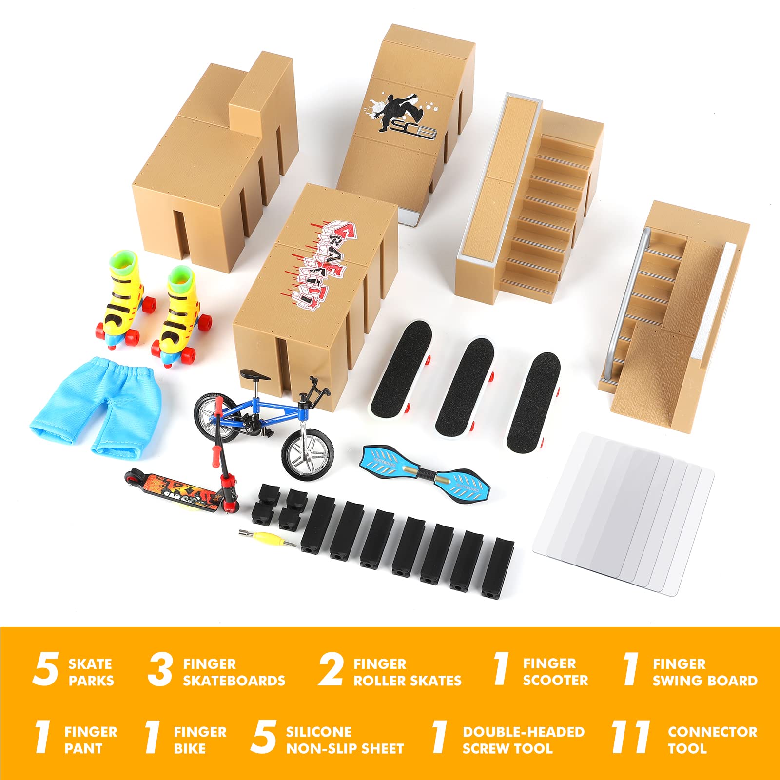 DaCool Skate Park Kit 16Pcs Fingerboard Ramp Decks Finger Skateboards Swing Board Mini Finger Toys Bikes Skates Scooter Multiple Skate Park Model for Finger Skateboard Training Educational and Fun