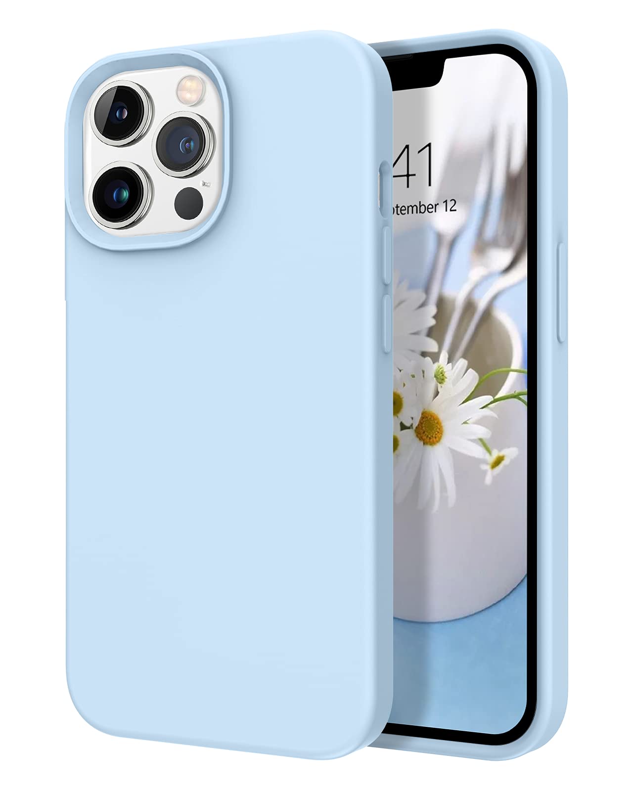 DOMAVER iPhone 13 Pro Max Case Silicone Gel Microfiber Lining Cushion Cover Shockproof Protective Phone Cases for iPhone 13 Pro Max 6.7 Inch, Light Blue