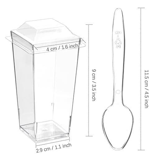 Qeirudu 50 Pack 3 oz Mini Square Dessert Cups with Lids and Spoons Clear Plastic Parfait Cups Mini Appetizer Shot Glasses for Individual Mousse Trifle Fruit Pudding
