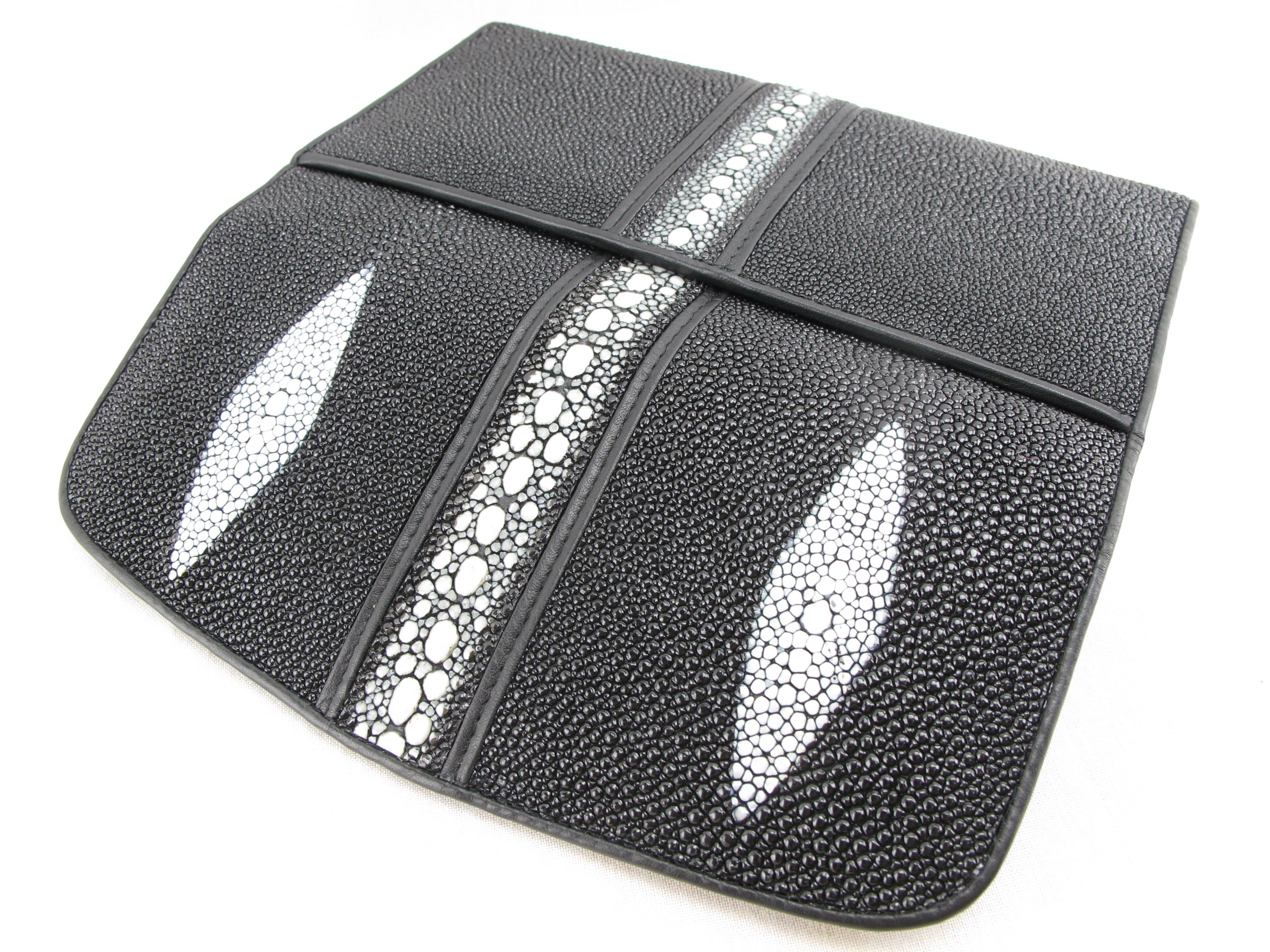 PELGIO Genuine Row Diamond Stingray Skin Leather Women's Trifold Clutch Wallet Black
