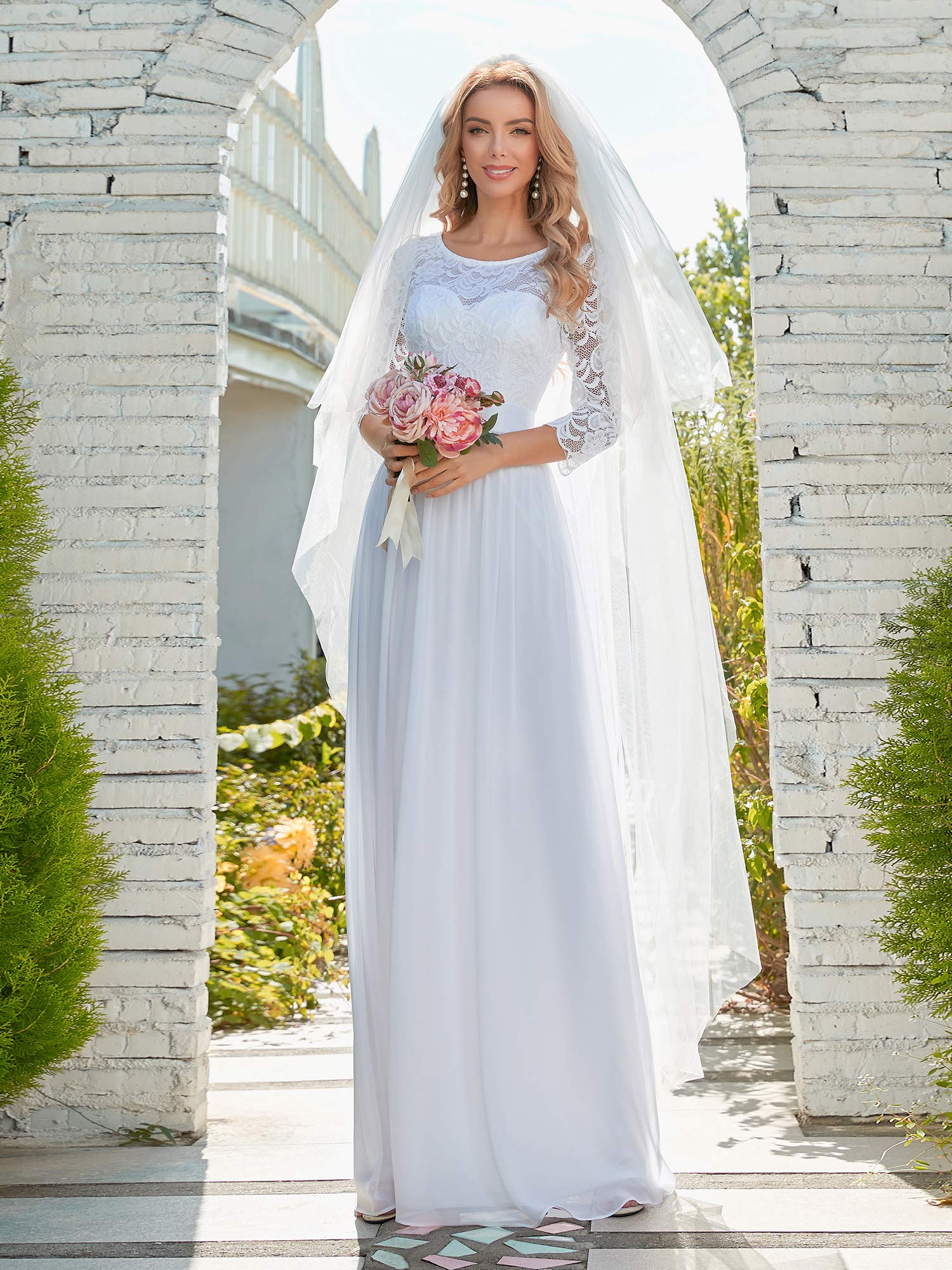 Ever-Pretty Women's Winter Long Elegant Lace A-Line Wedding Dresses for Bride White US14